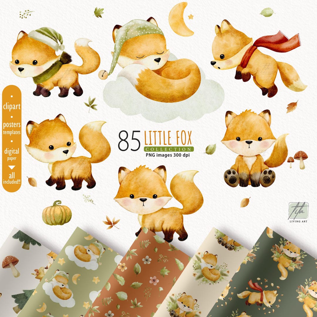 Watercolor Fox Clipart, Woodland Animals, Nursery Art (PNG) - Etsy