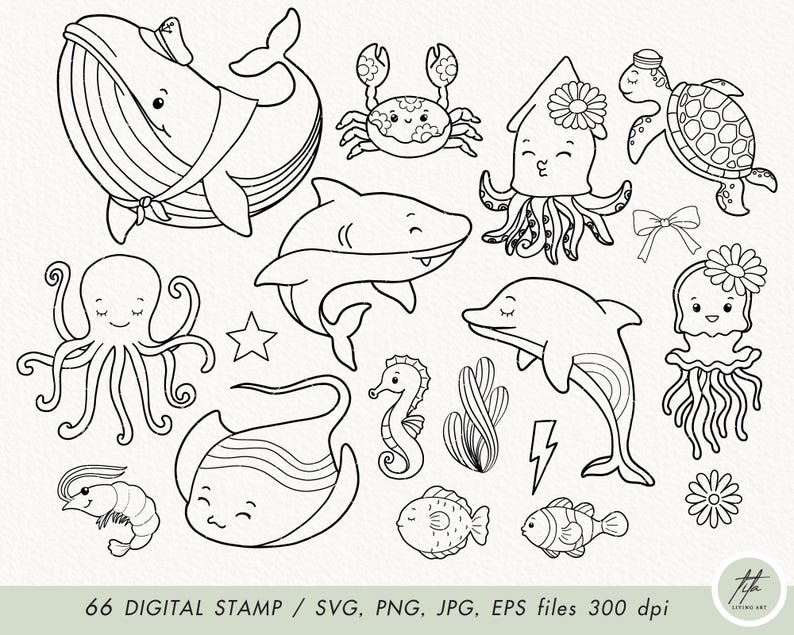 Groovy Sea Animals Outline SVG Bundle, Undersea Clipart (digital ...