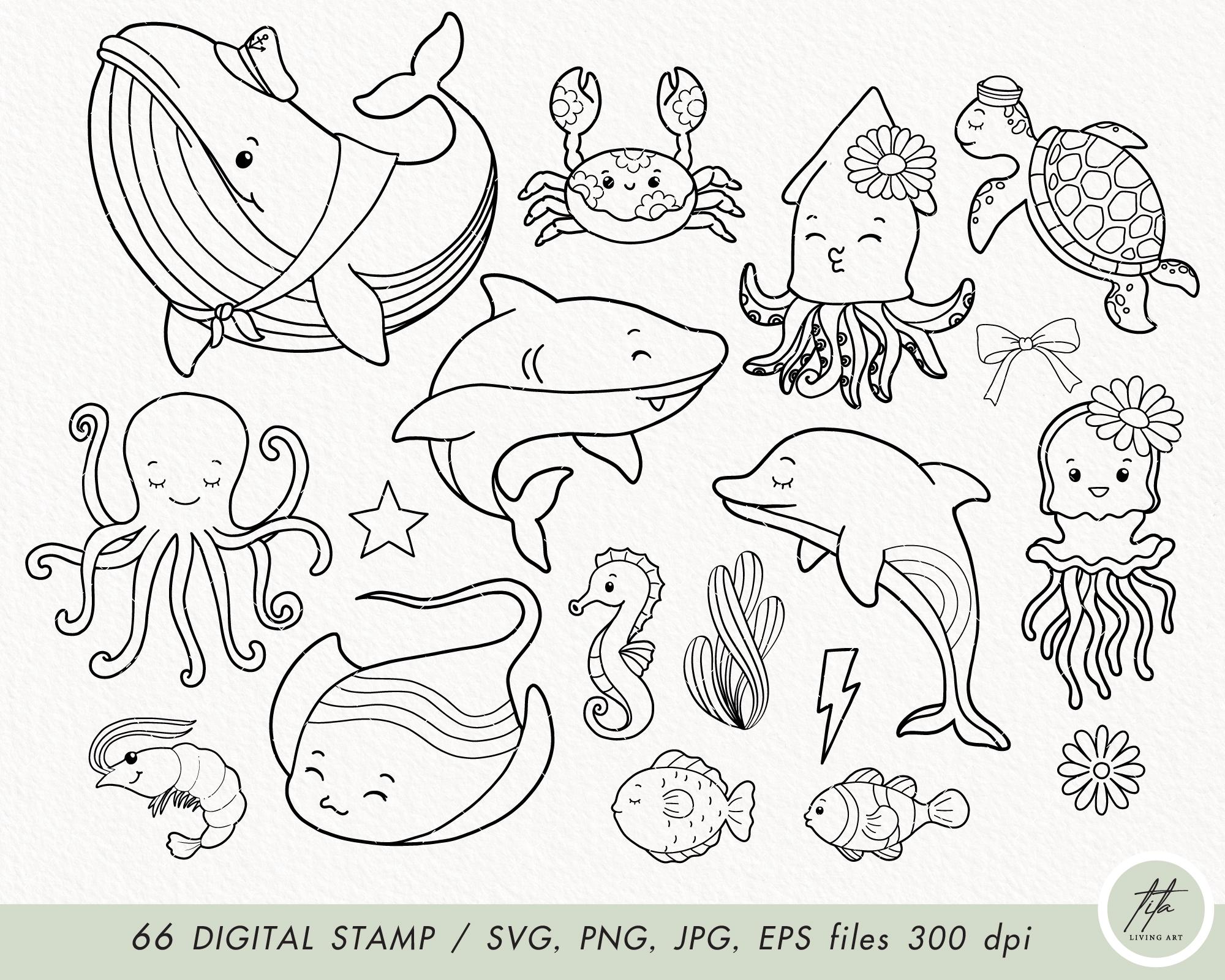 Groovy Sea Animals Outline SVG, Sea Animal SVG Bundle, Undersea Clipart ...