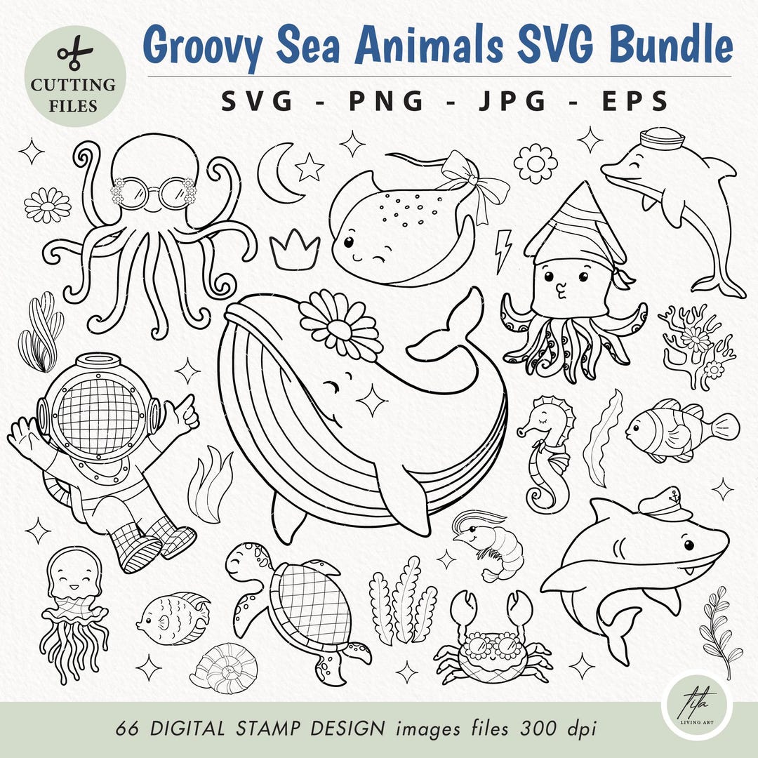 Groovy Sea Animals Outline SVG, Sea Animal SVG Bundle, Undersea Clipart ...