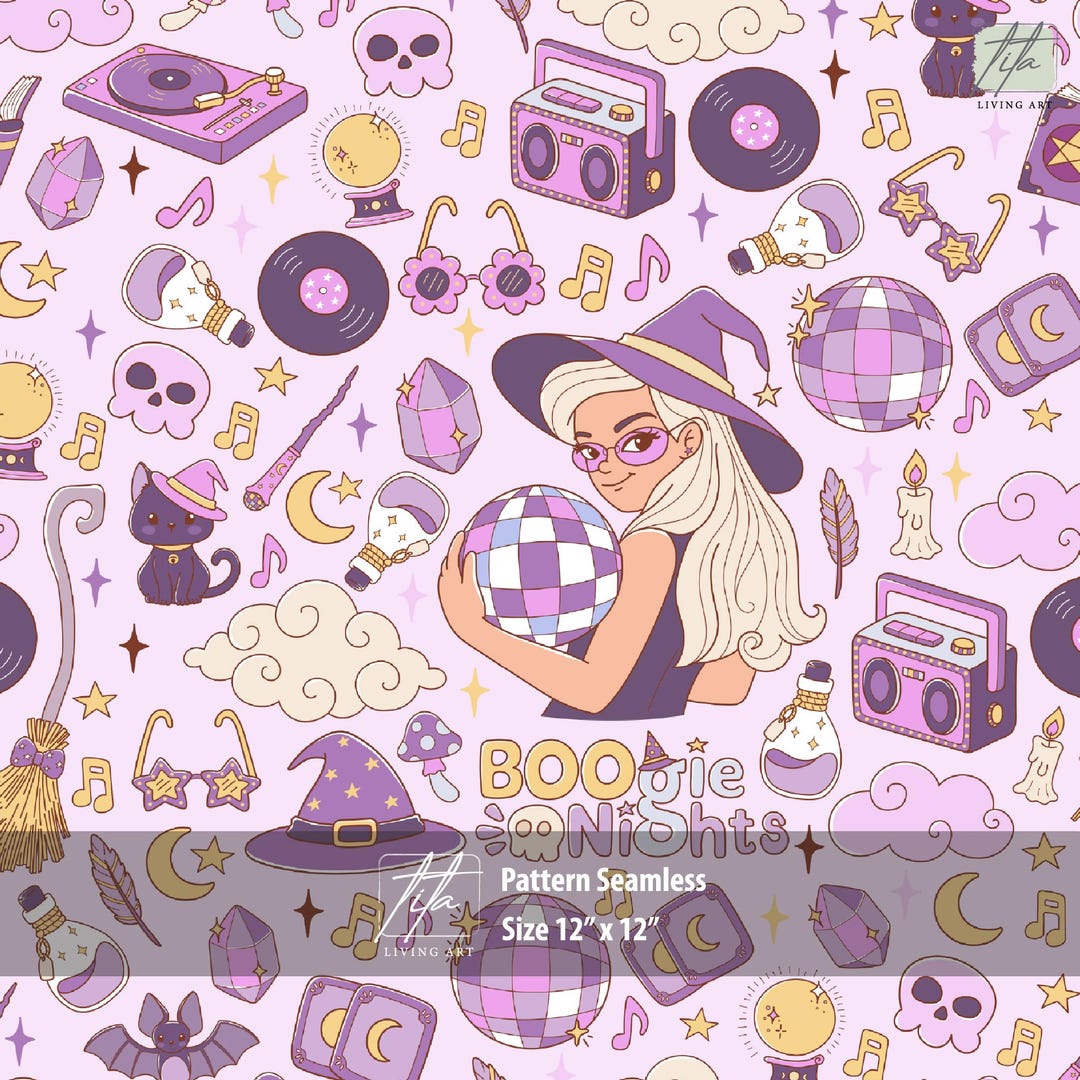 Retro Disco Witch Seamless Pattern: Kawaii Halloween Fabric Print (PNG ...