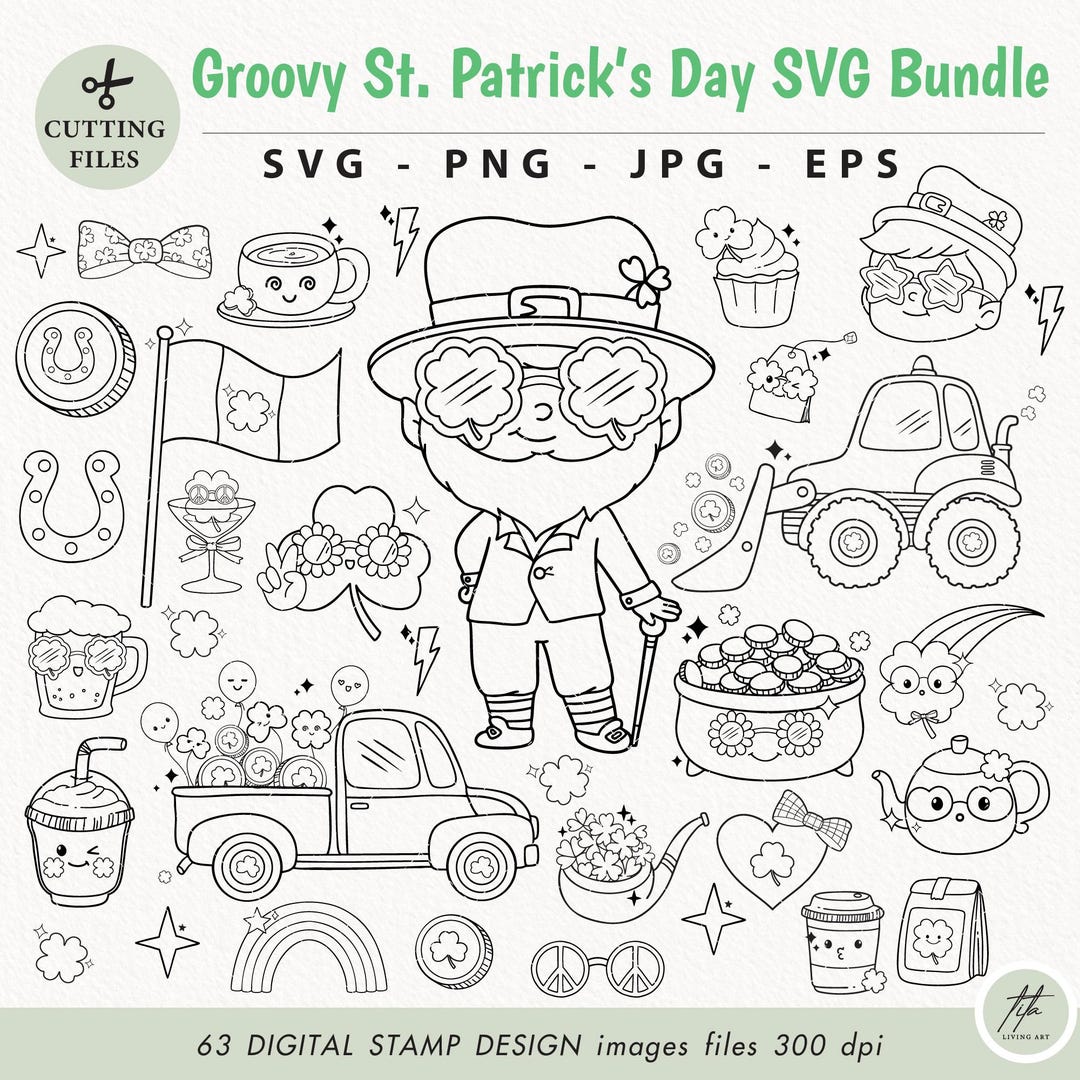 Groovy St. Patrick's Day Outline SVG, Retro Leprechaun SVG Bundle, St ...