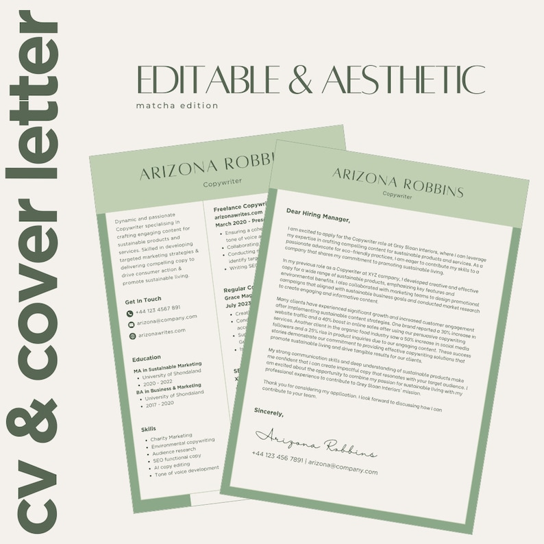 Resume Kit: CV Template With Matching Cover Letter – Matcha Edition - Etsy