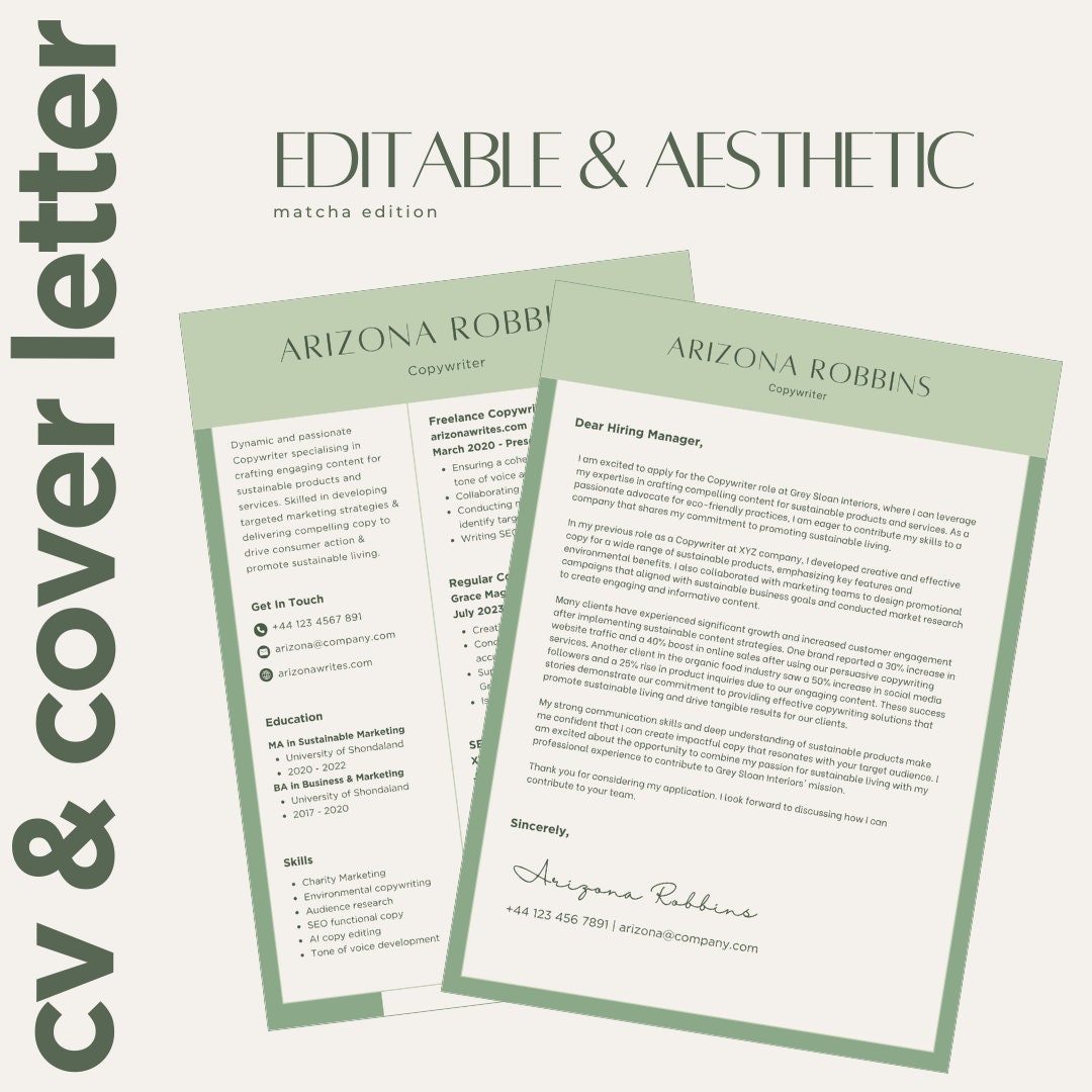Resume Kit: CV Template With Matching Cover Letter – Matcha Edition - Etsy
