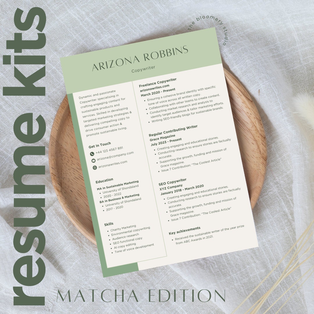 Resume Kit: CV Template With Matching Cover Letter – Matcha Edition - Etsy