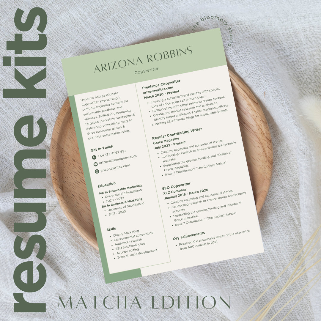 Resume Kit: CV Template With Matching Cover Letter – Matcha Edition - Etsy