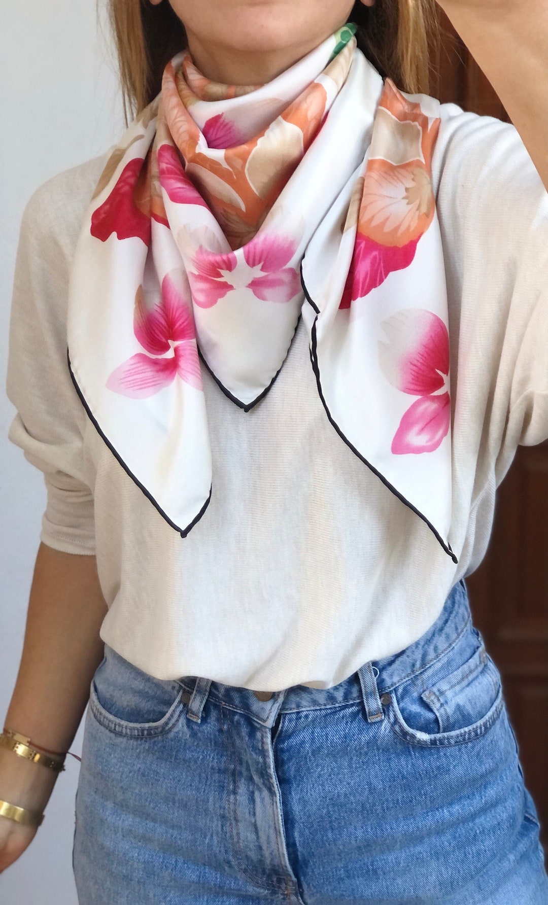 White Silk Square Scarf - Hand Designed in Flower Pattern - Etsy