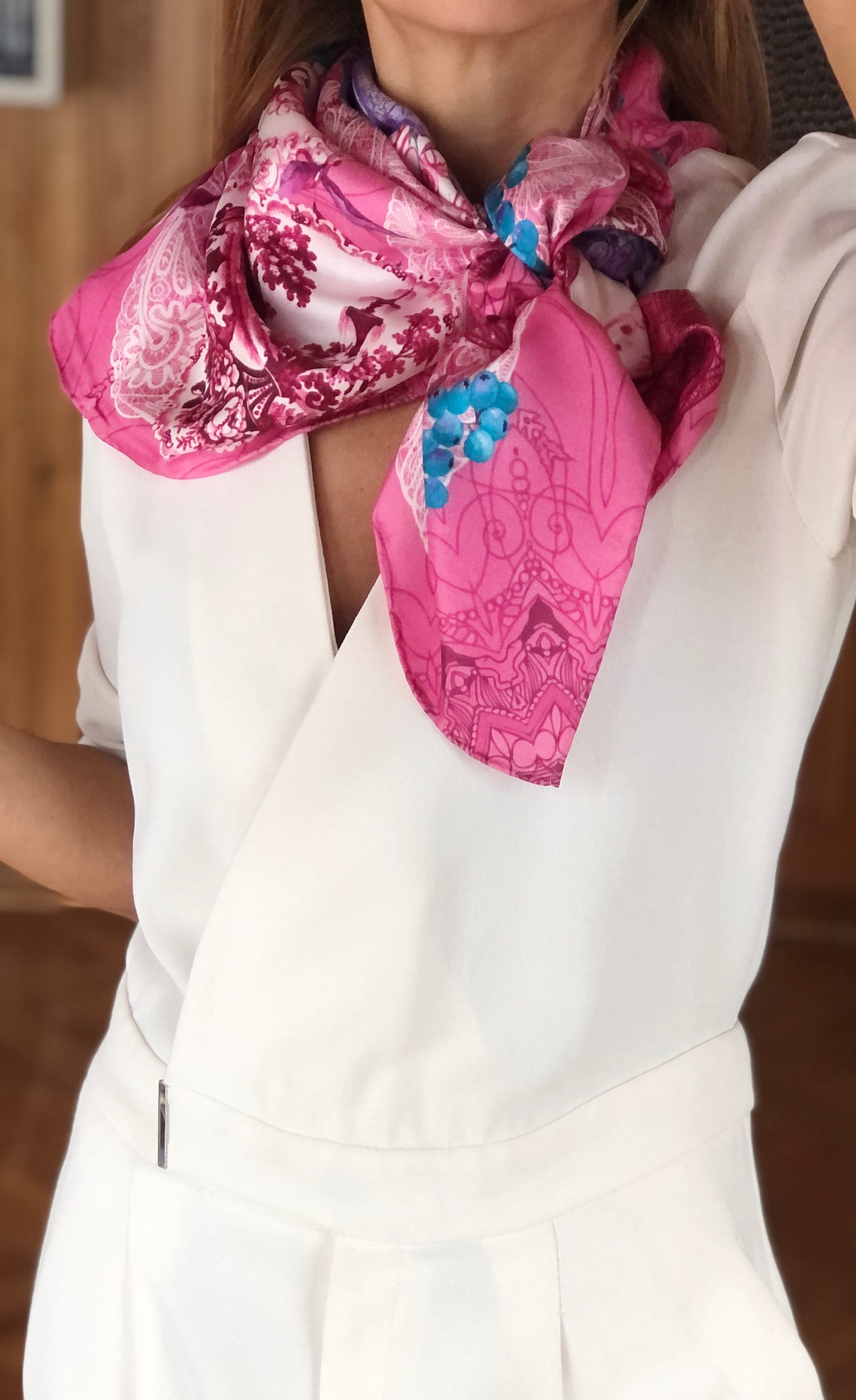 Silk Square Scarf - Hand Designed in Dark Pink Green Floral Pattern - Etsy