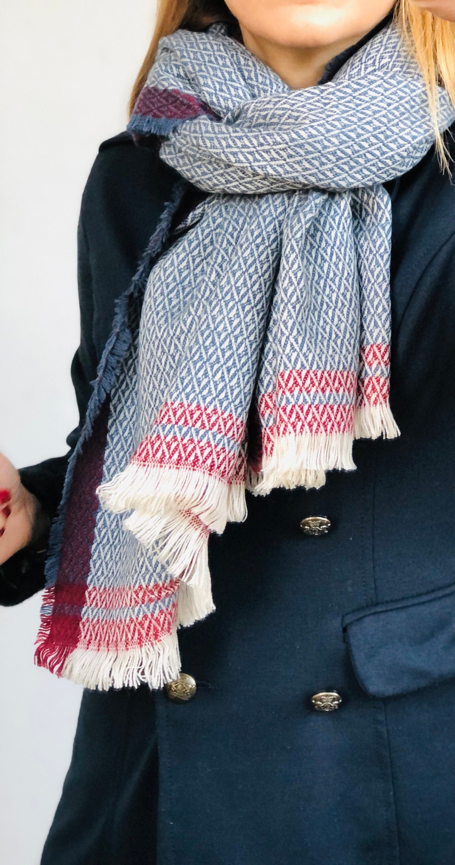 Long Wool Cotton Shawl - Hand Designed Beige Blue Red in Pattern - Etsy