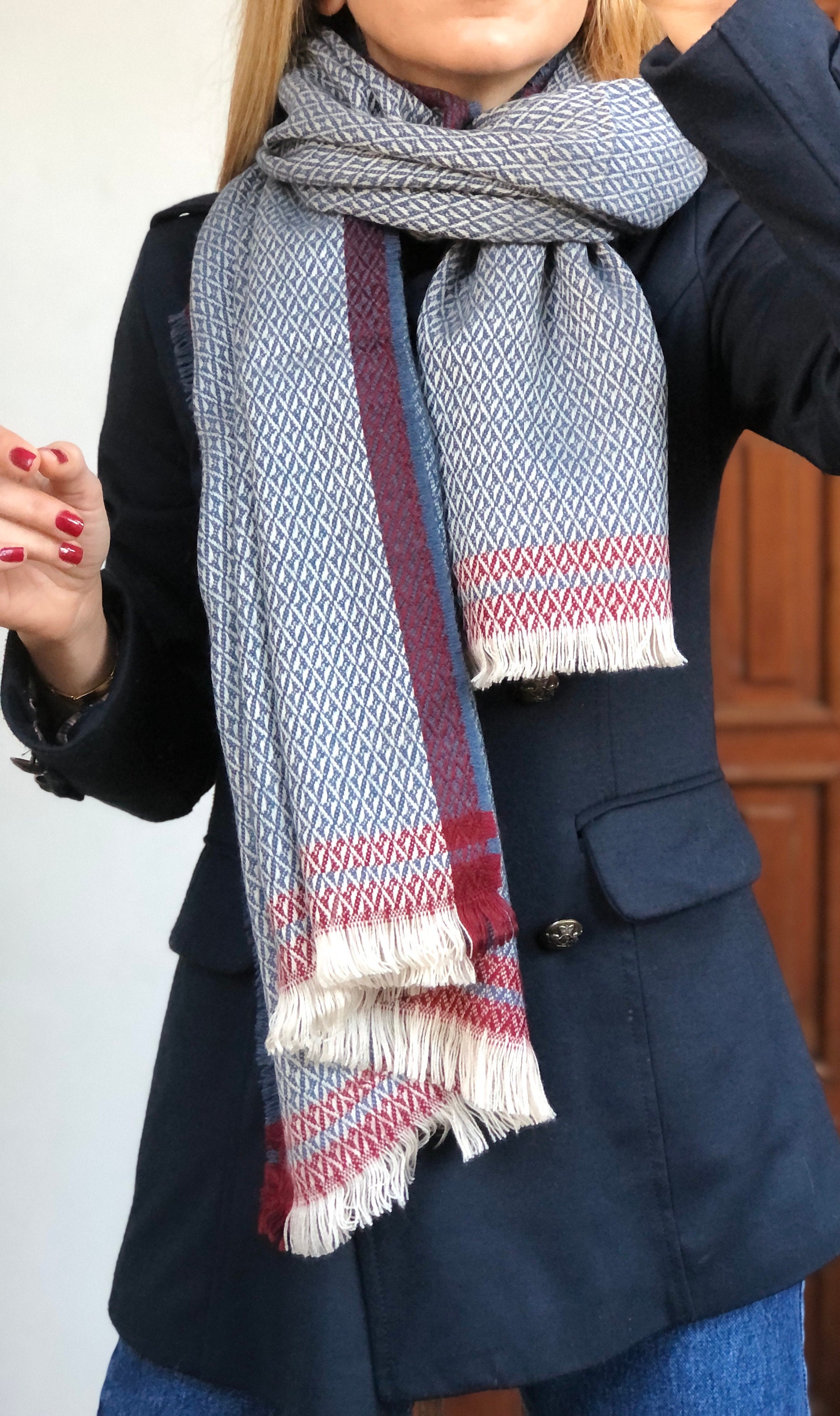 Long Wool Cotton Shawl - Hand Designed Beige Blue Red in Pattern - Etsy