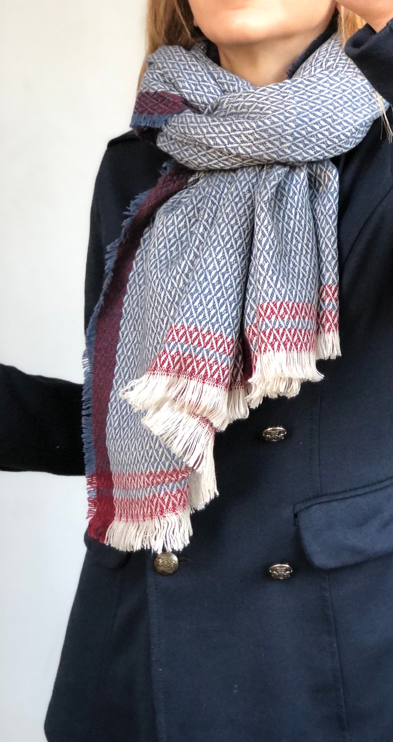Long Wool Cotton Shawl - Hand Designed Beige Blue Red in Pattern - Etsy
