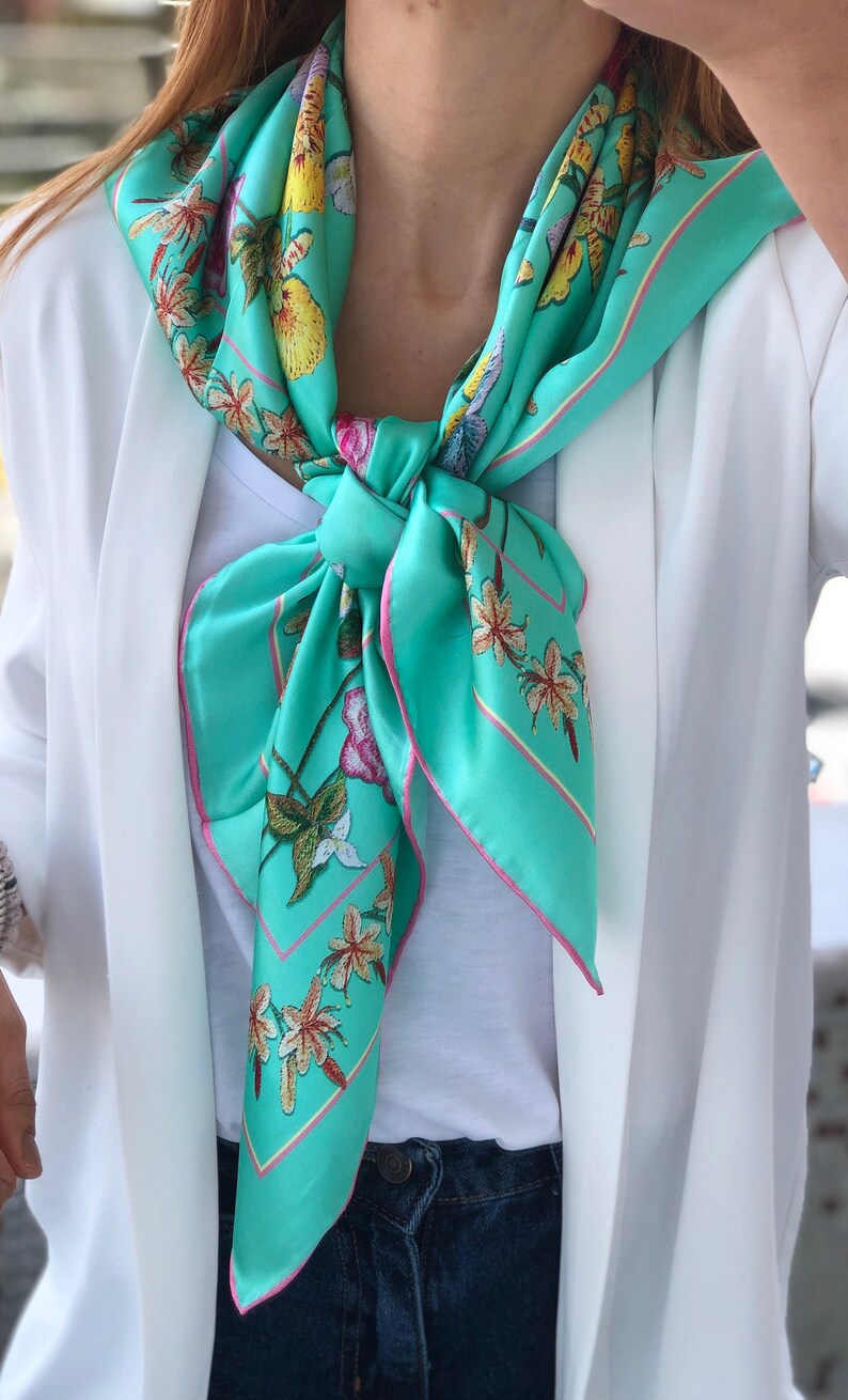 Silk Square Scarf - Hand Designed in Green Yellow Orange Pink Floral ...