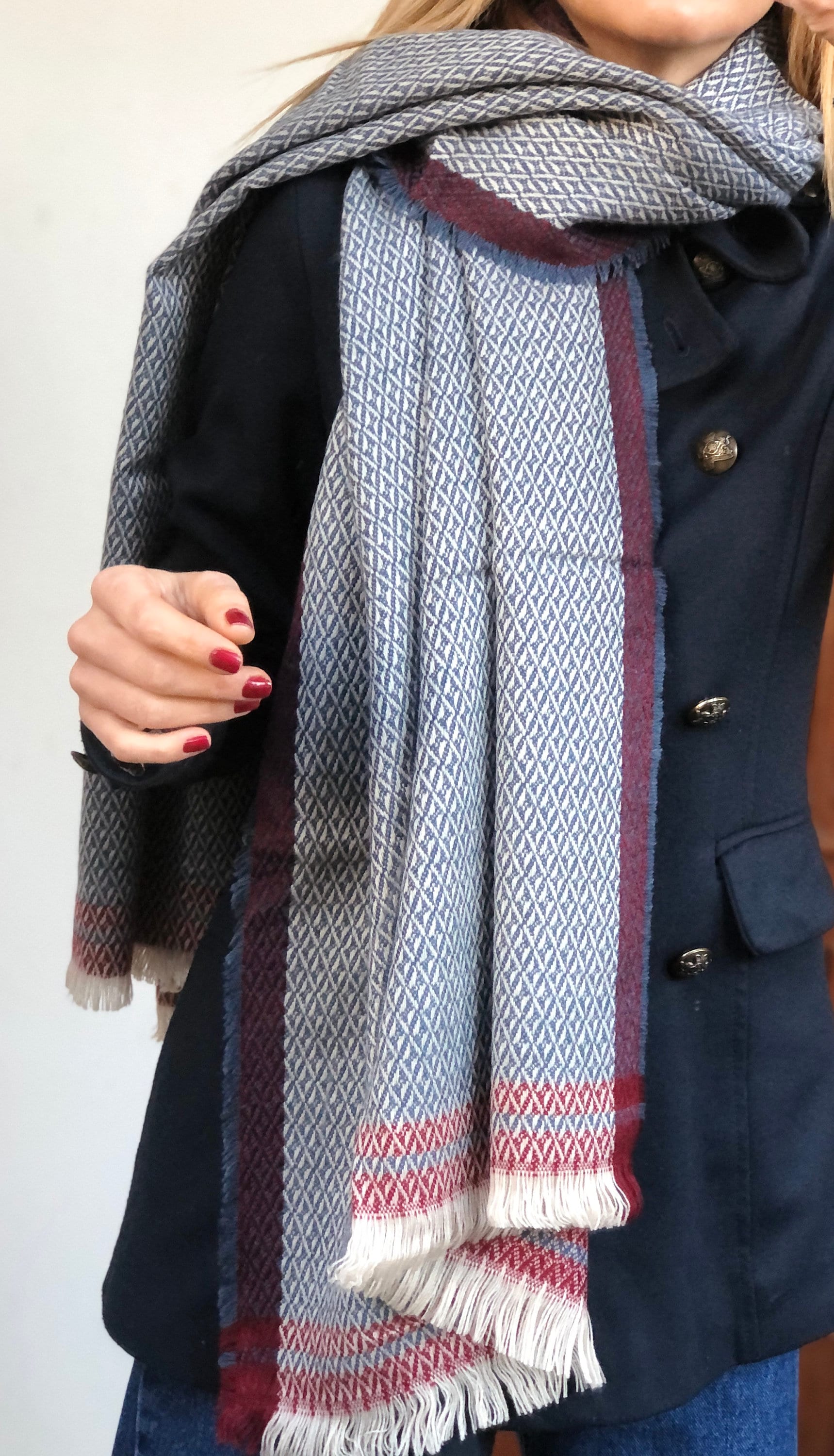 Long Wool Cotton Shawl - Hand Designed Beige Blue Red in Pattern - Etsy