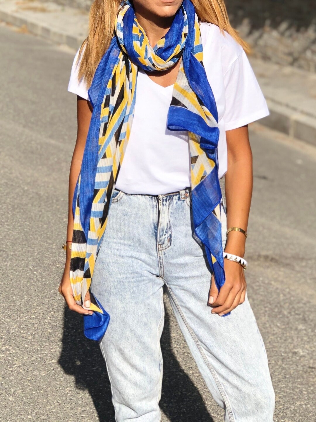 Cotton Rectangle Scarf - Hand Designed in Blue and Yellow Pattern - Etsy