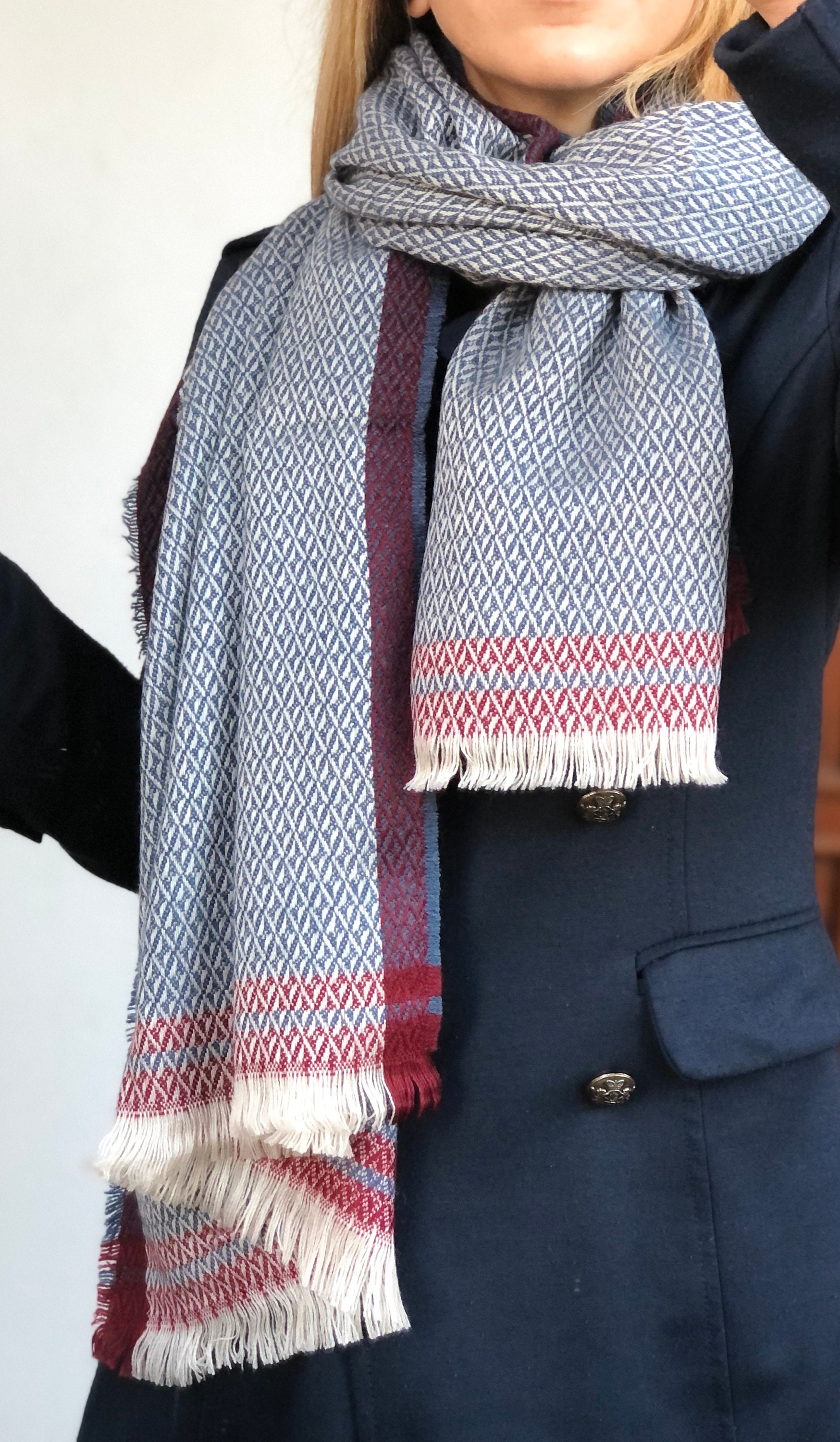 Long Wool Cotton Shawl - Hand Designed Beige Blue Red in Pattern - Etsy