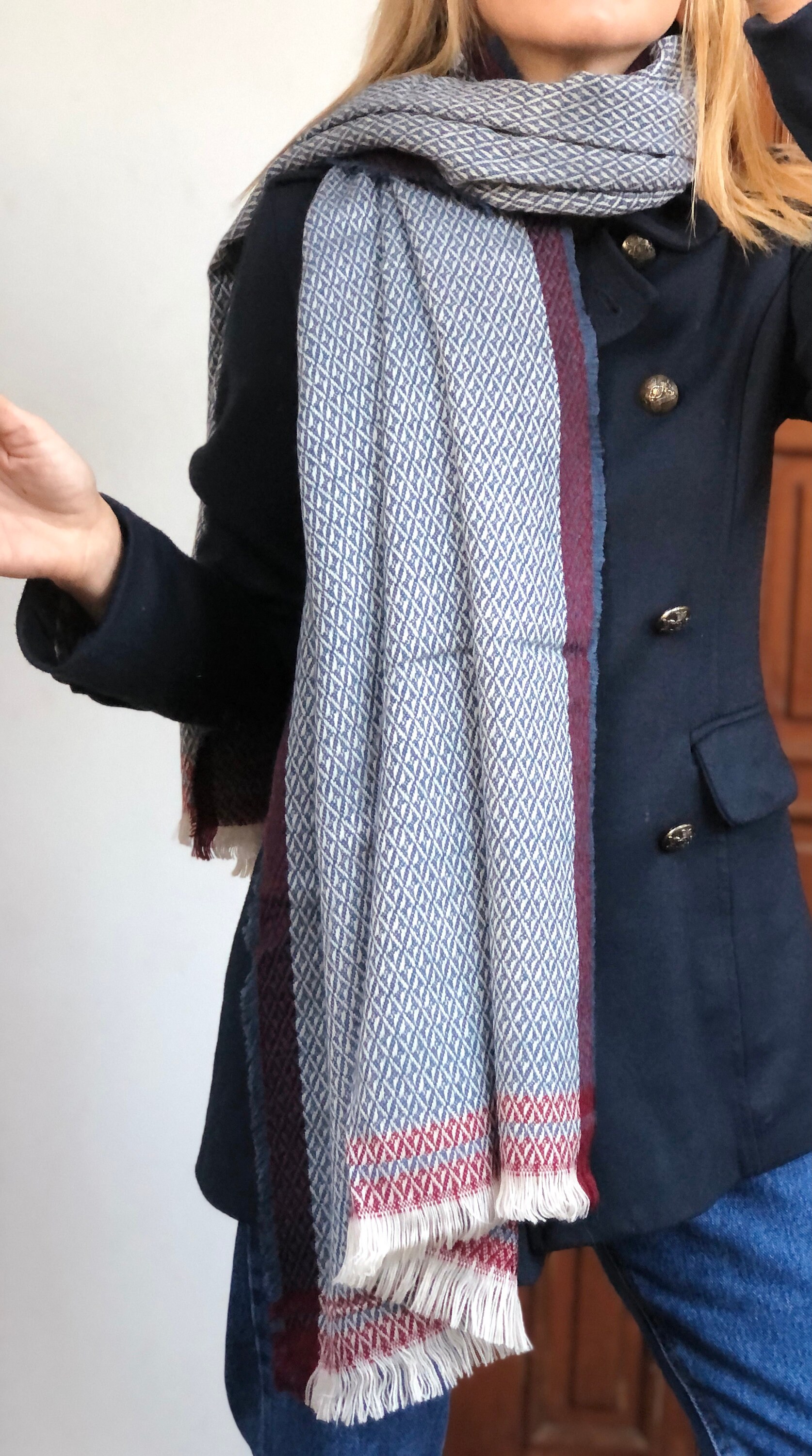Long Wool Cotton Shawl Hand Designed Beige Blue Red in Pattern - Etsy