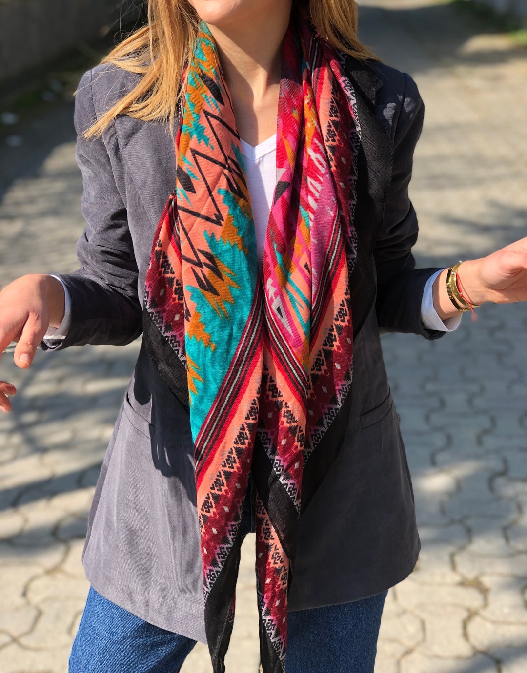 Large Cotton Square Scarf - Hand Designed in Pink Green Black With ...