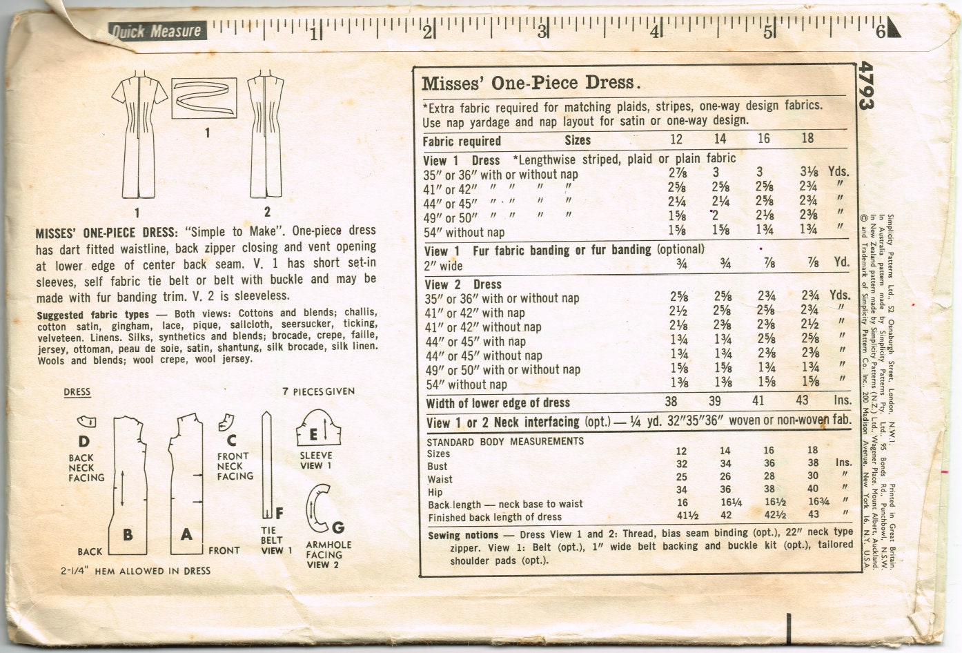 Original Vintage 1960s Sewing Pattern complete Simplicity No. 4793 Miss ...