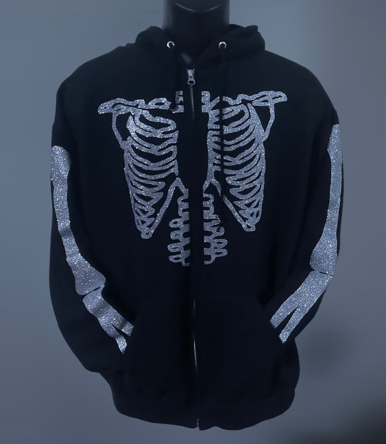 Skeleton Zip Hoodie | Streetwear Jacket Zip up Hoodie | Glitter | Halloween Skeleton Full Zip ...