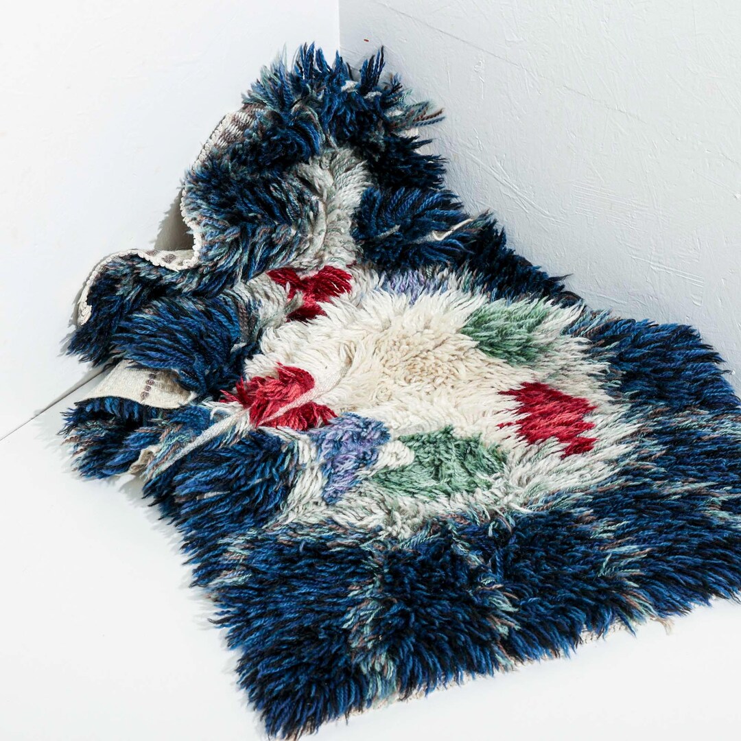 Rya Rug (M) Vintage Danish Rya Rug in Blue, Red, Green and Cream - Etsy