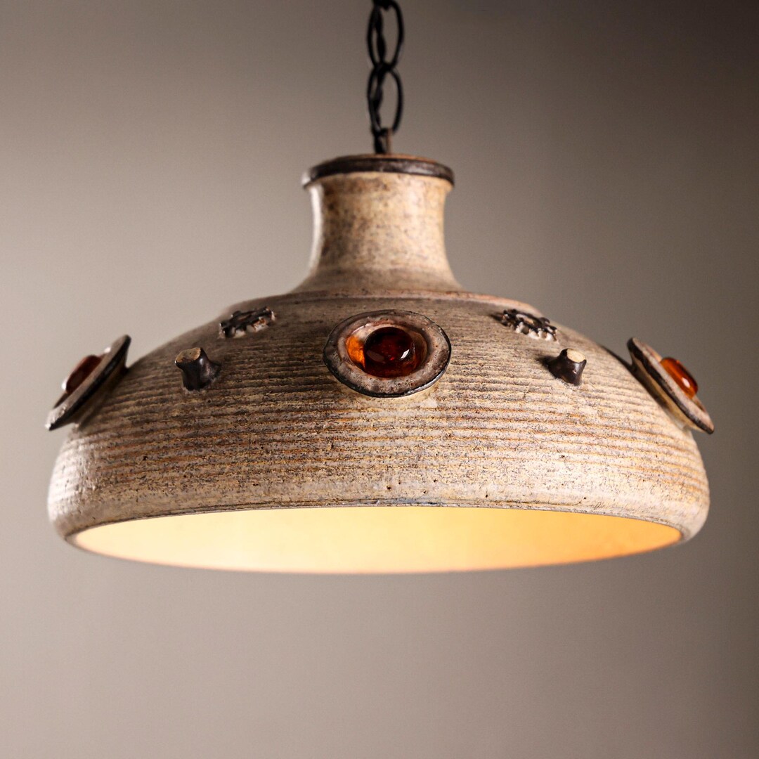 Danish Modern Stoneware Pendant Light, Amber Glass, Jette Helleroe ...