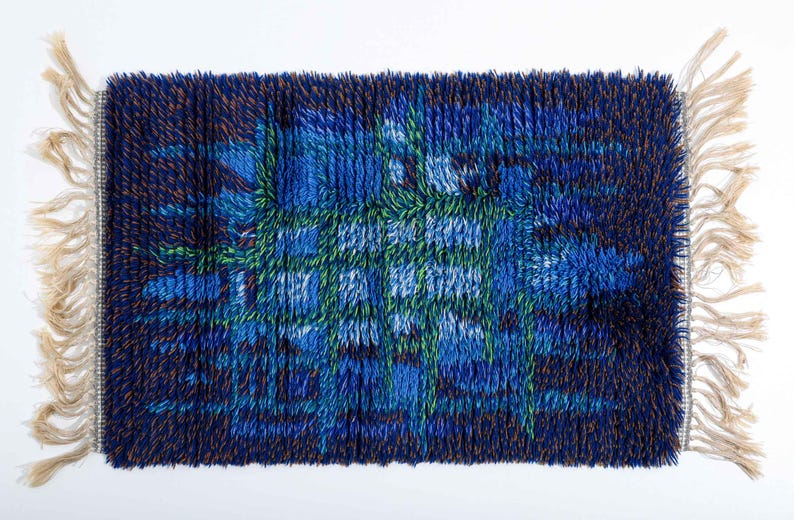 Vintage Swedish Rya Rug – Geometric Pattern in Blue and Green Tones (M ...