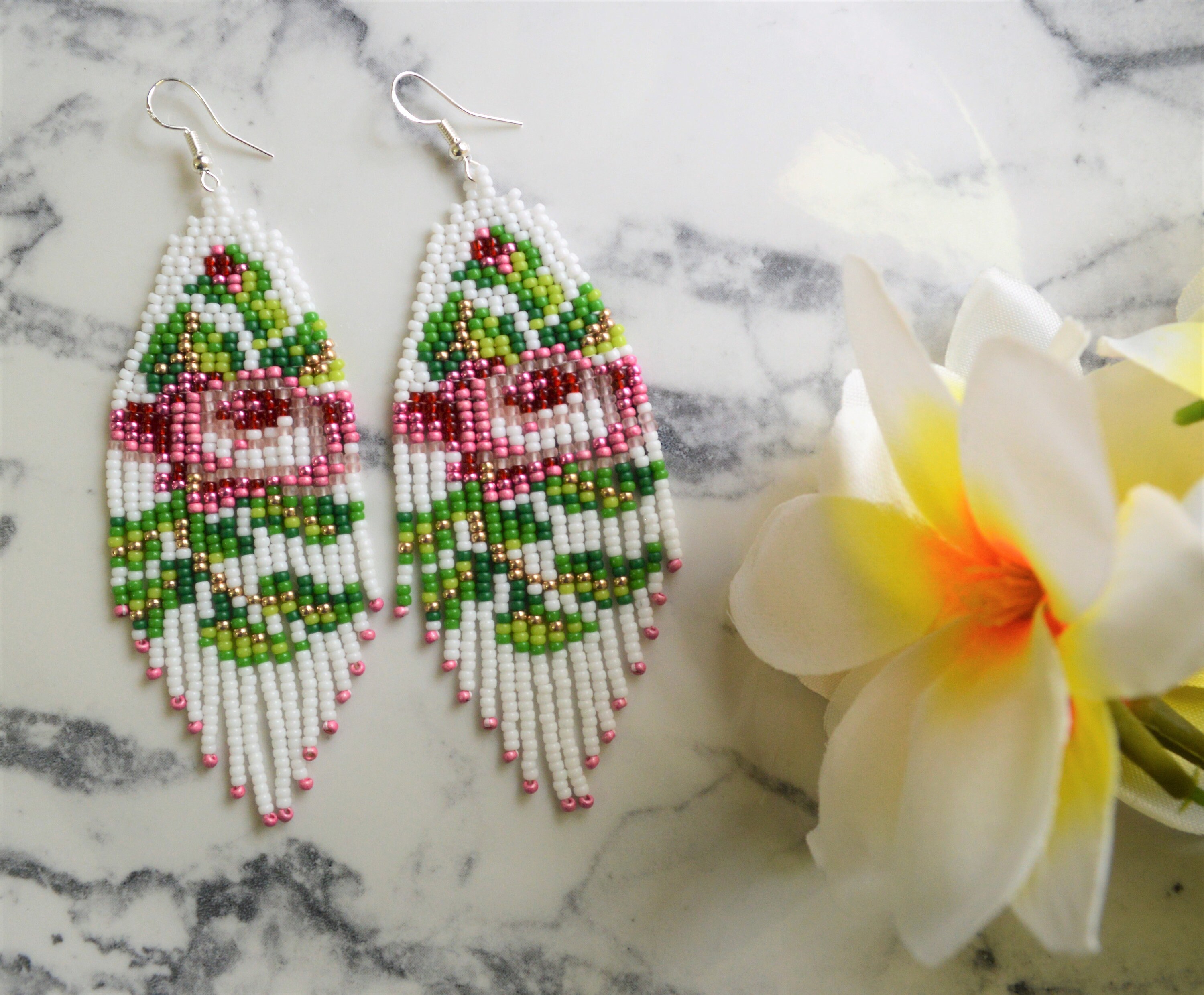 Rosa Rose Perlen Fransen Ohrringe, Rocailles Perlen Fransen Ohrringe ...