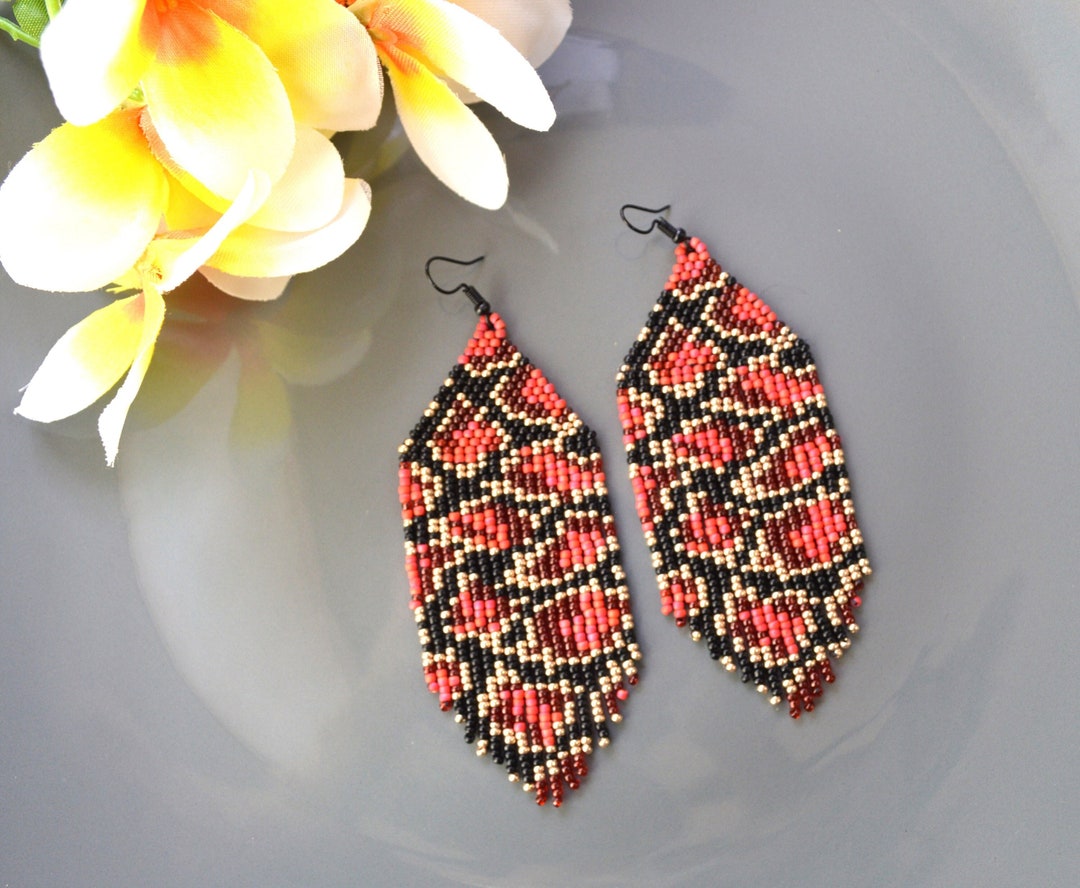 Snake Print Fringe Earrings Animal Print Python Print Earrings Red ...