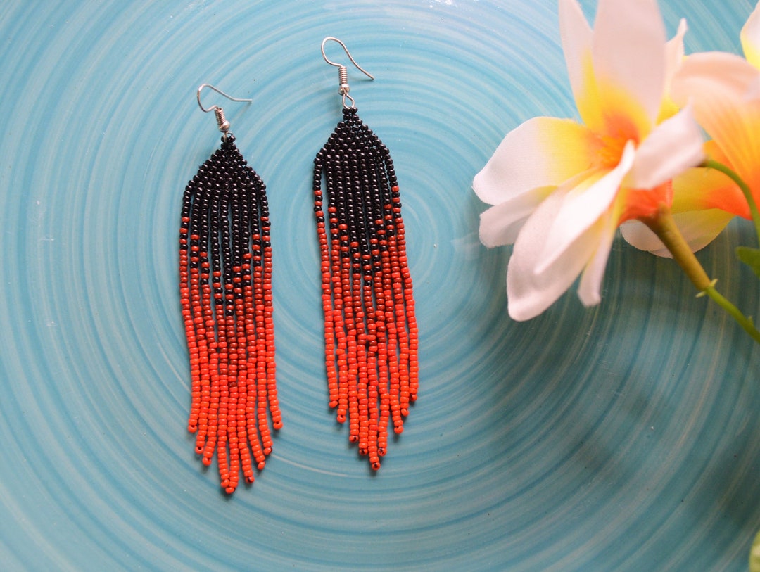 Long Red Black Fringe Earring,beaded Fringe Earrings,seed Bead Earrings ...