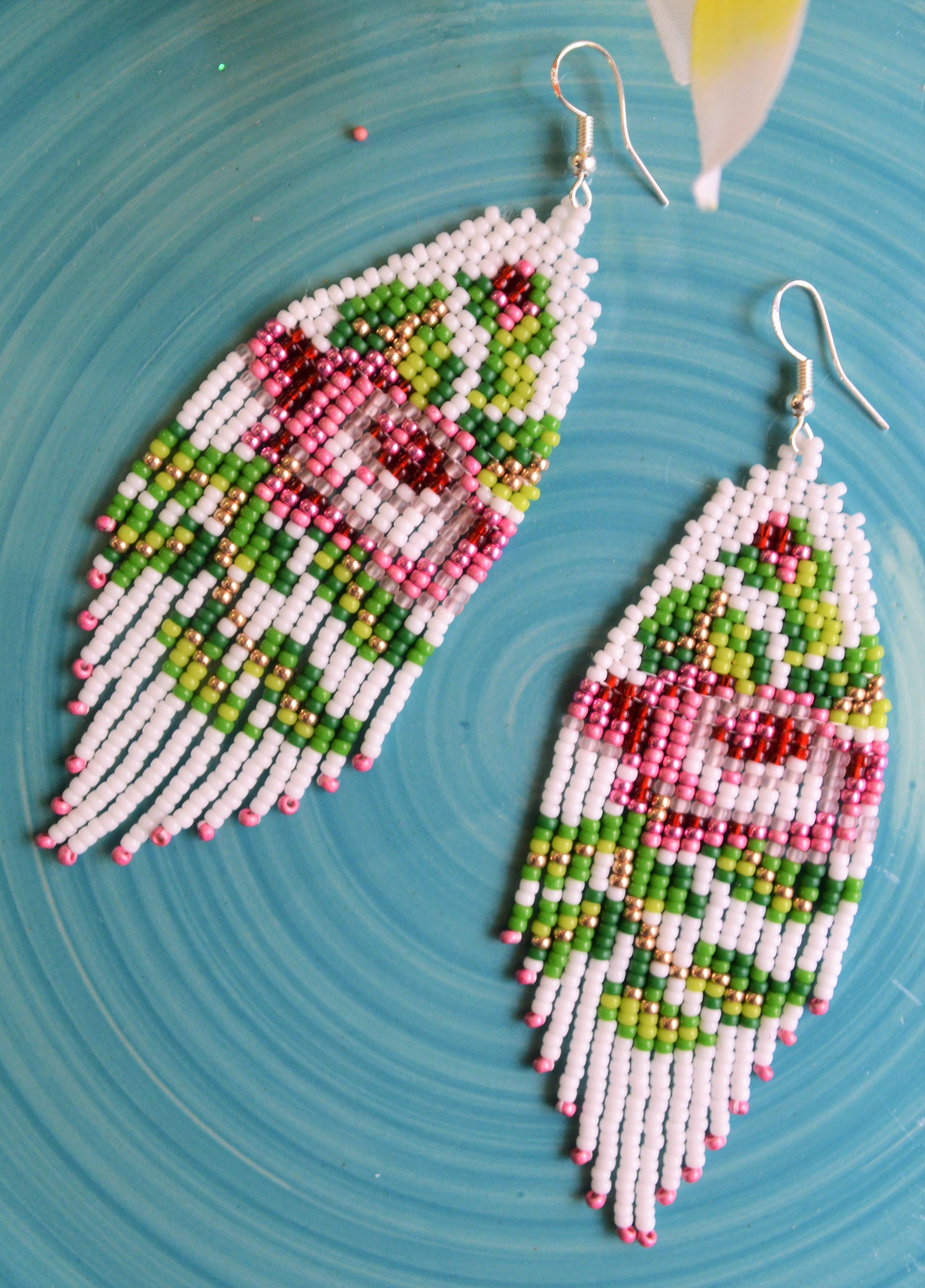 Rosa Rose Perlen Fransen Ohrringe, Rocailles Perlen Fransen Ohrringe ...