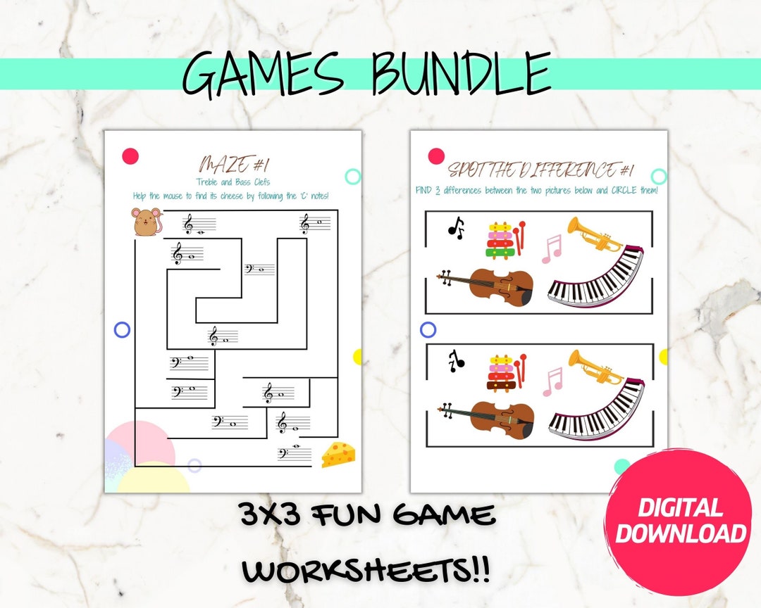 Music Games Worksheet Bundle for Children and Beginners, Includes Maze ...