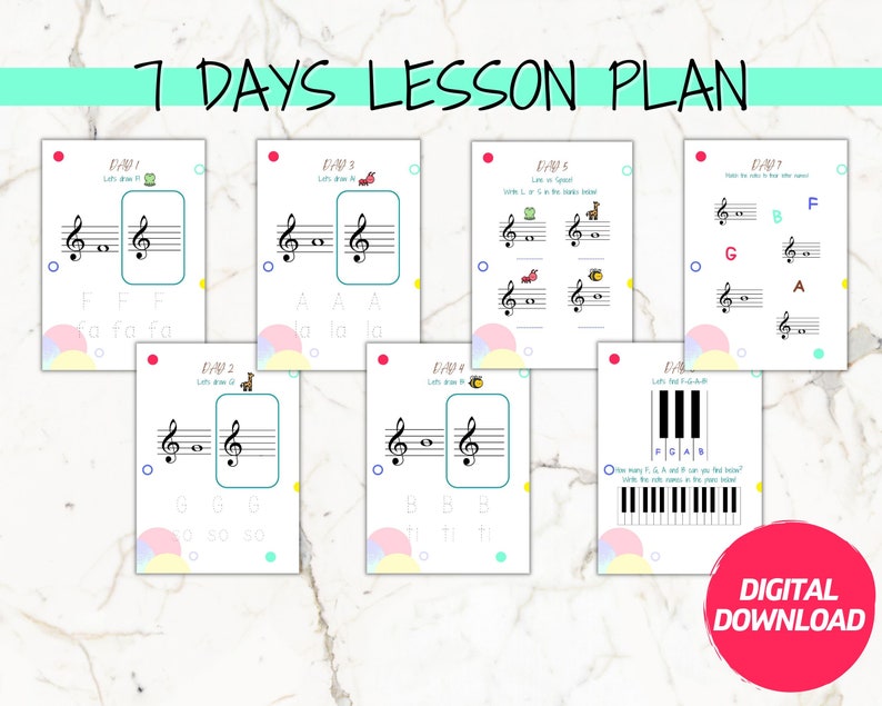 Music Theory FGAB Notes Worksheet for Children and Beginners, 7 Day ...