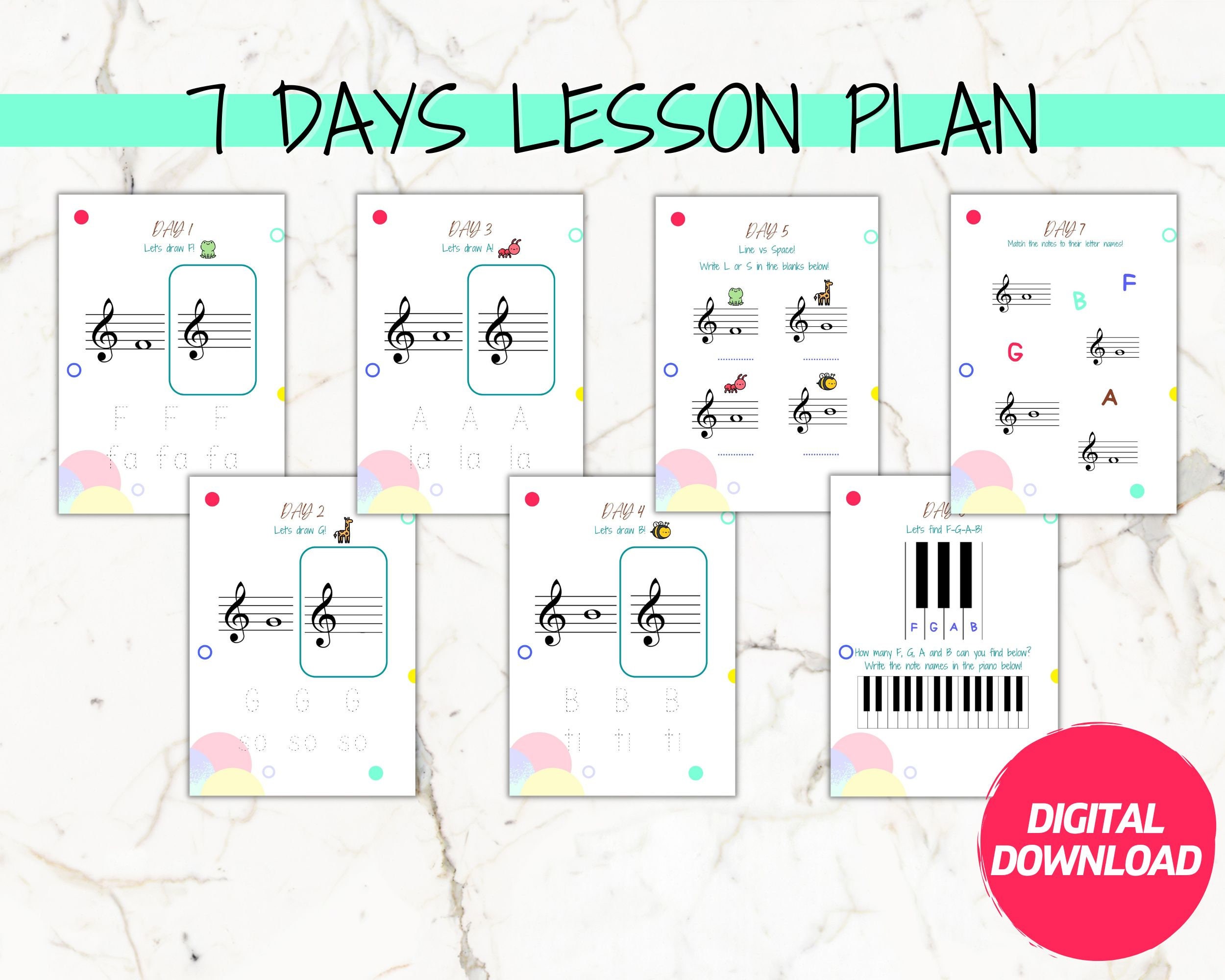 Music Theory FGAB Notes Worksheet for Children and Beginners, 7 Day ...