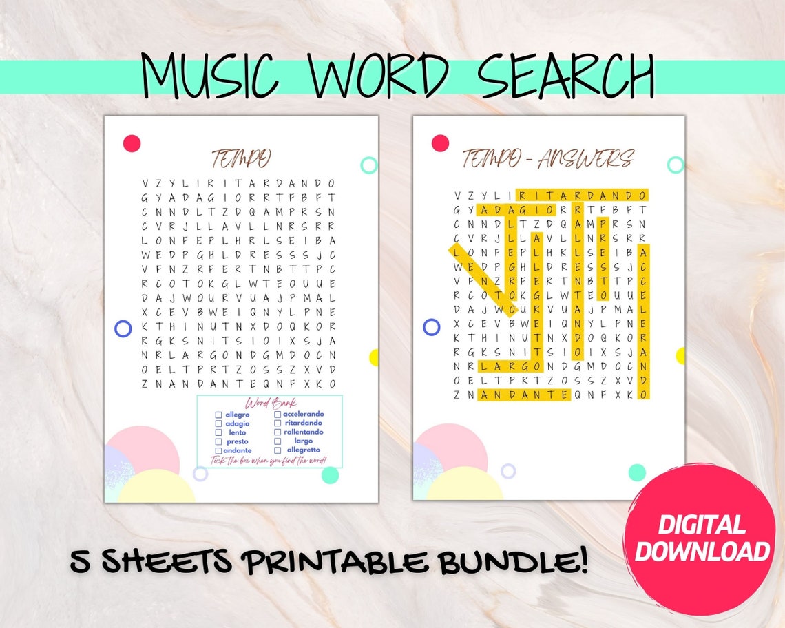 Music Theory Fun Word Search Worksheets for Children and Beginners on ...