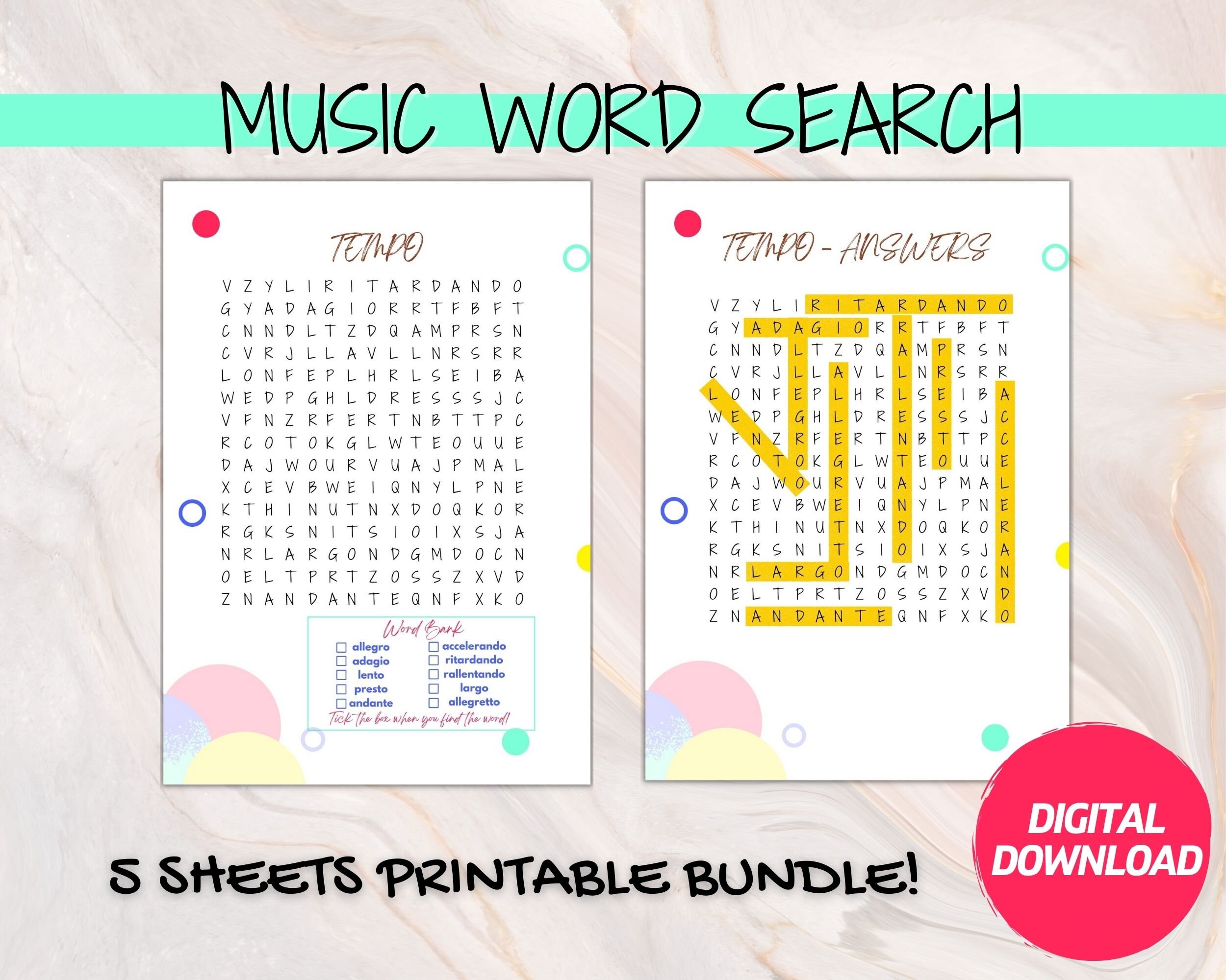 Music Theory Fun Word Search Worksheets for Children and Beginners on ...