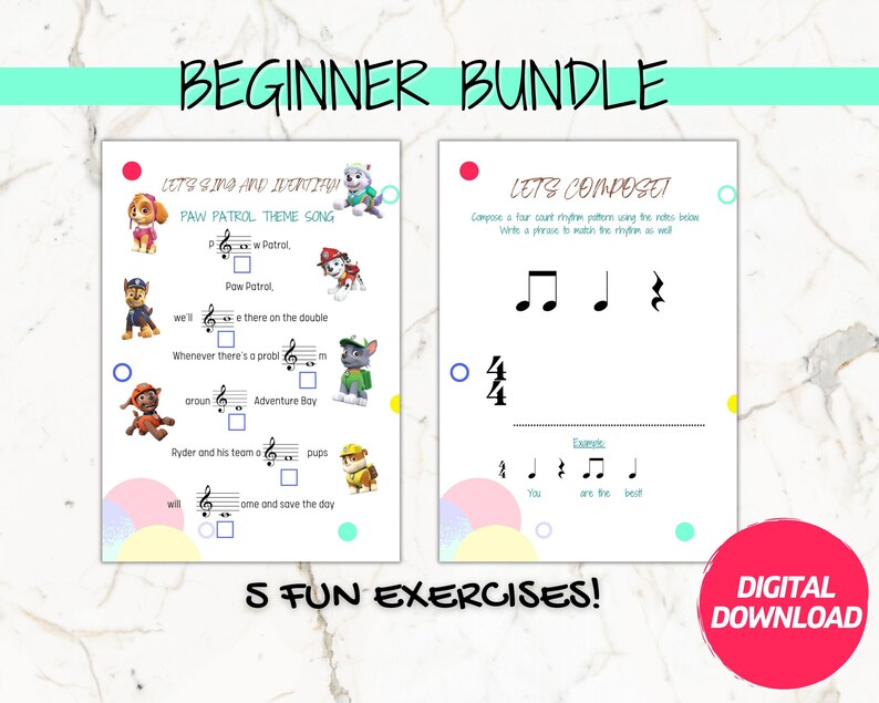 Music Theory Bundle Worksheet for Children & Beginners, 5 Fun Exercises ...