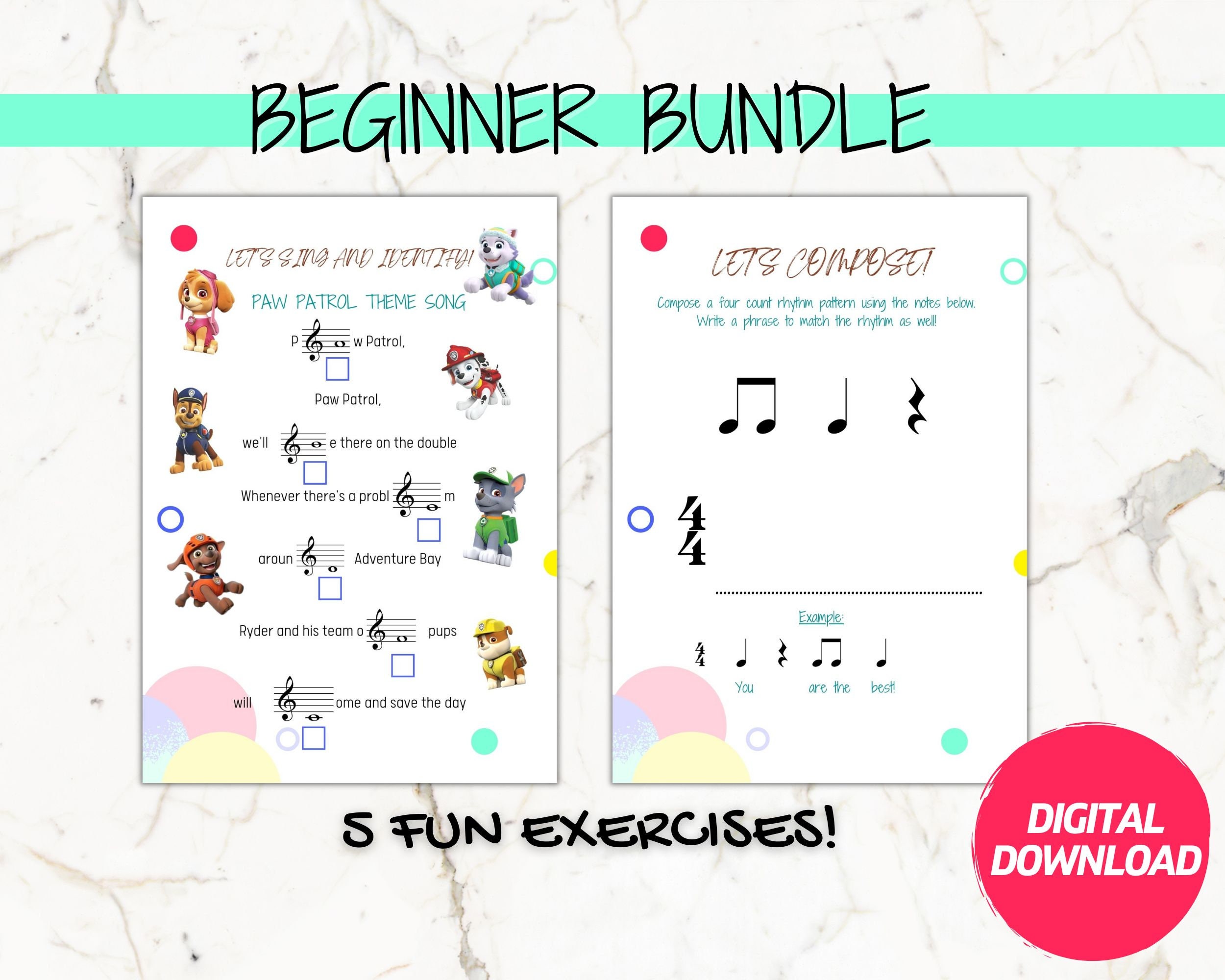 Music Theory Bundle Worksheet for Children & Beginners, 5 Fun Exercises ...