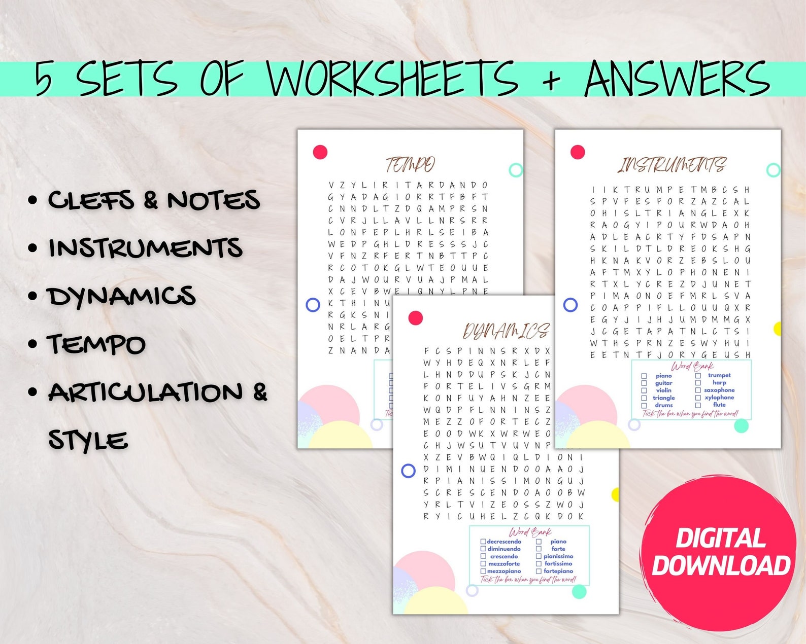 Music Theory Fun Word Search Worksheets for Children and Beginners on ...