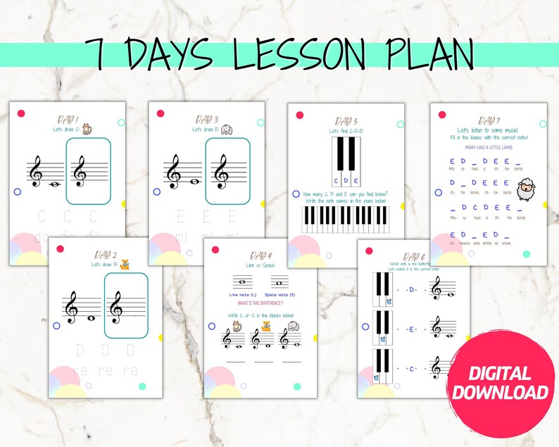 Music Theory CDE Notes Worksheet for Children and Beginners, 7 Day ...