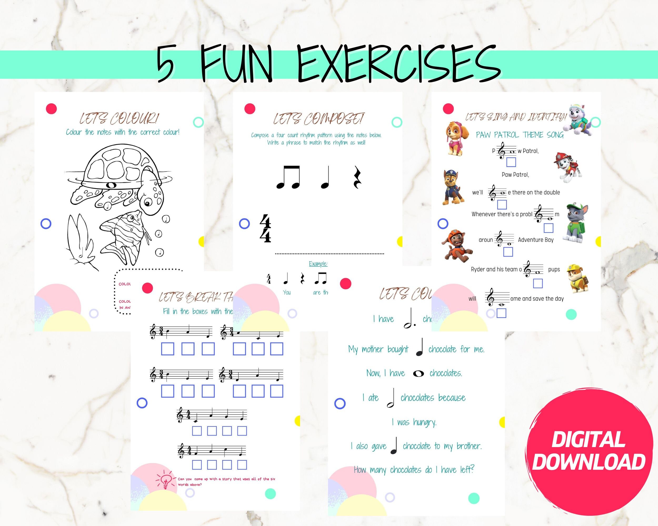 Music Theory Bundle Worksheet for Children & Beginners, 5 Fun Exercises ...