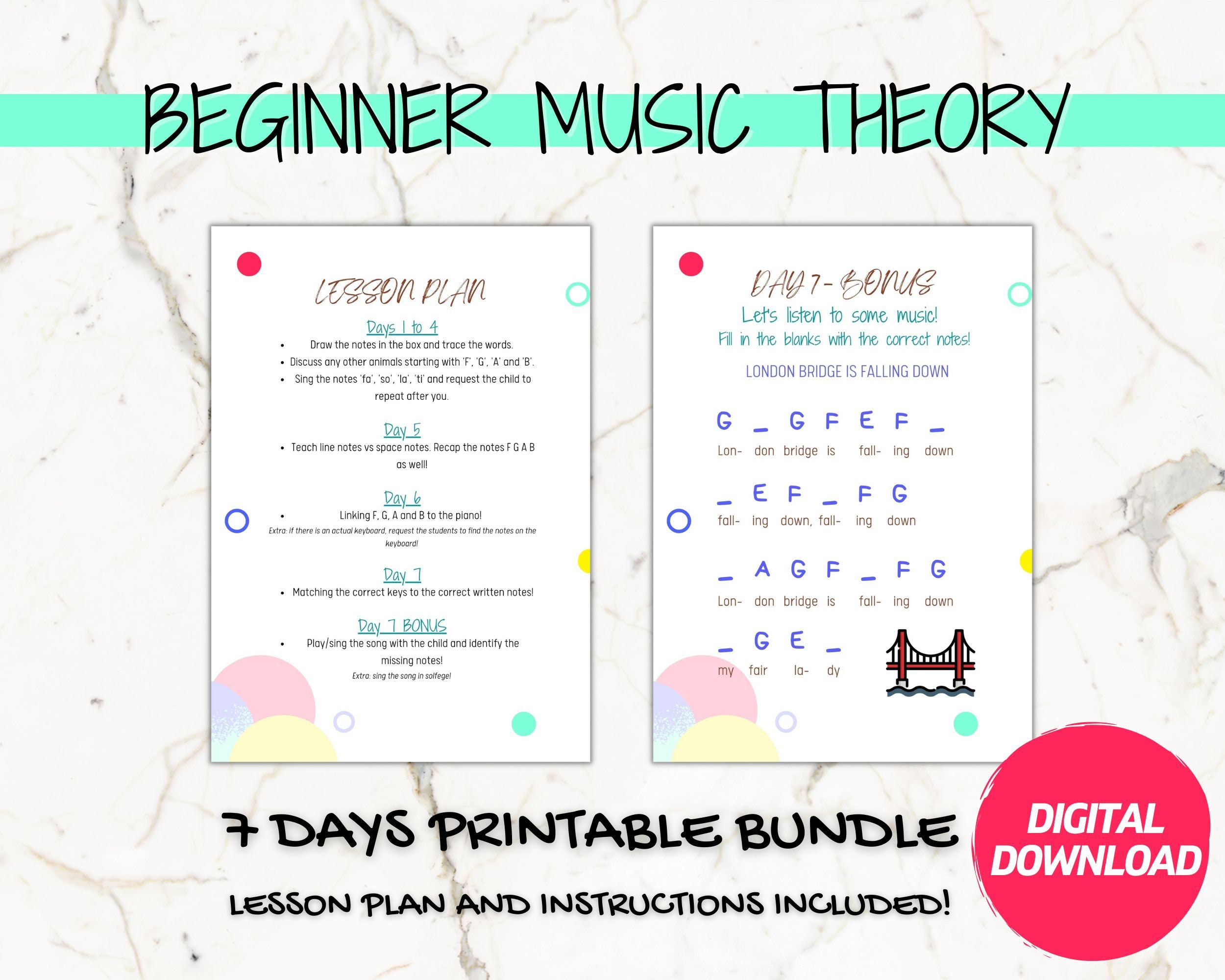 Music Theory FGAB Notes Worksheet for Children and Beginners, 7 Day ...