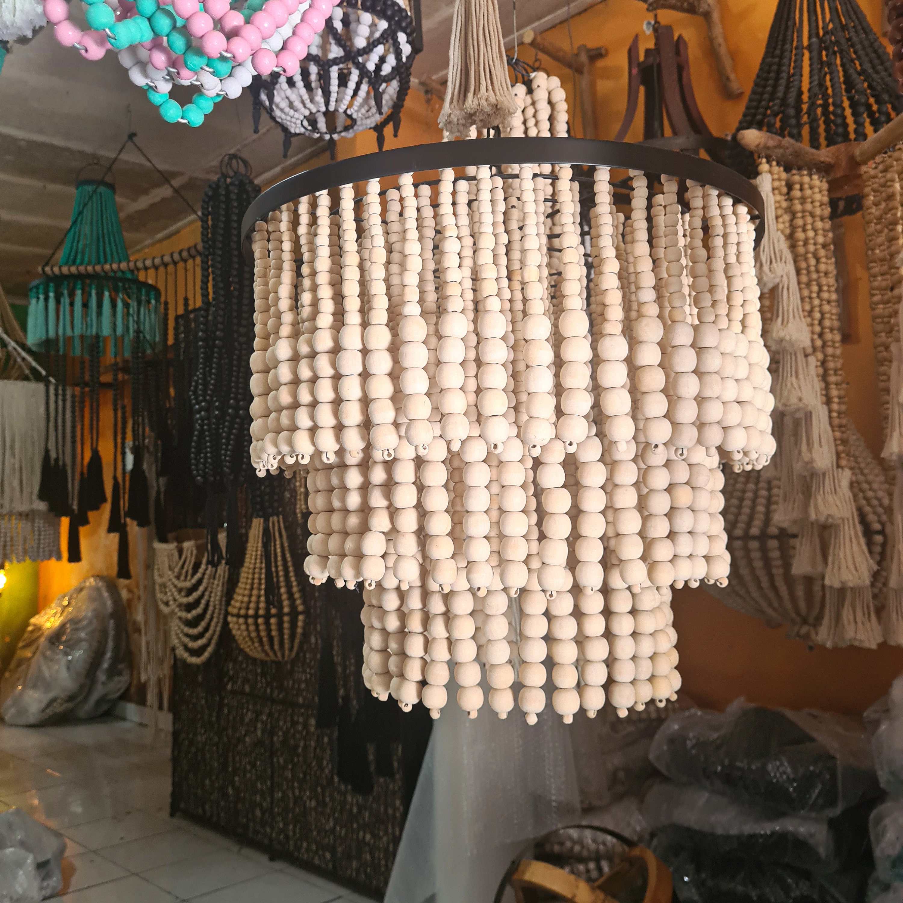 Beaded Lamp Shade 50x45cm Chandelier Wood Pendant Light Boho Lamp ...