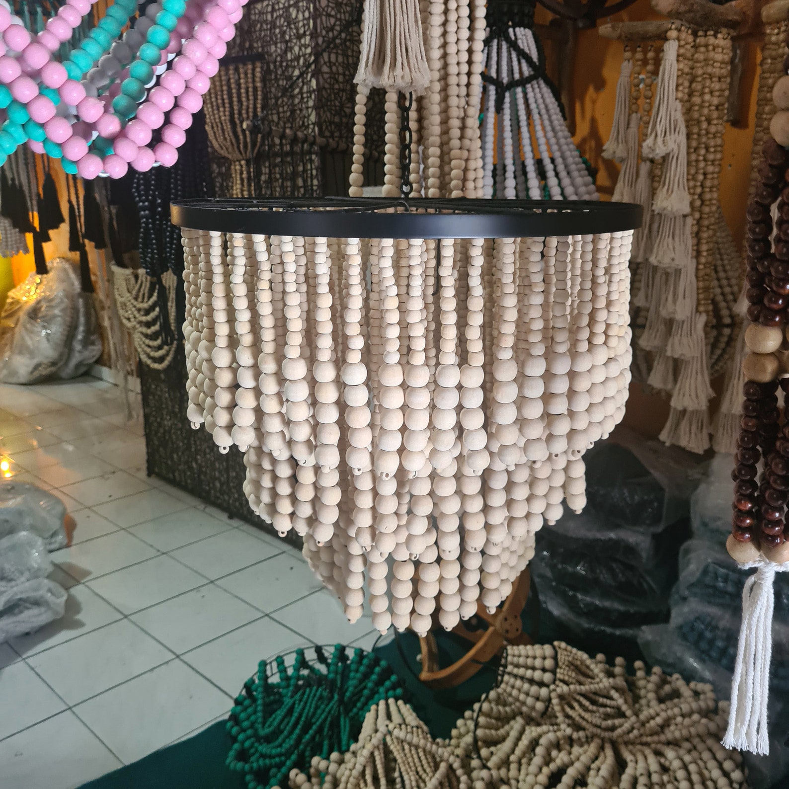 Beaded Lamp Shade 50x45cm Chandelier Wood Pendant Light Boho Lamp ...