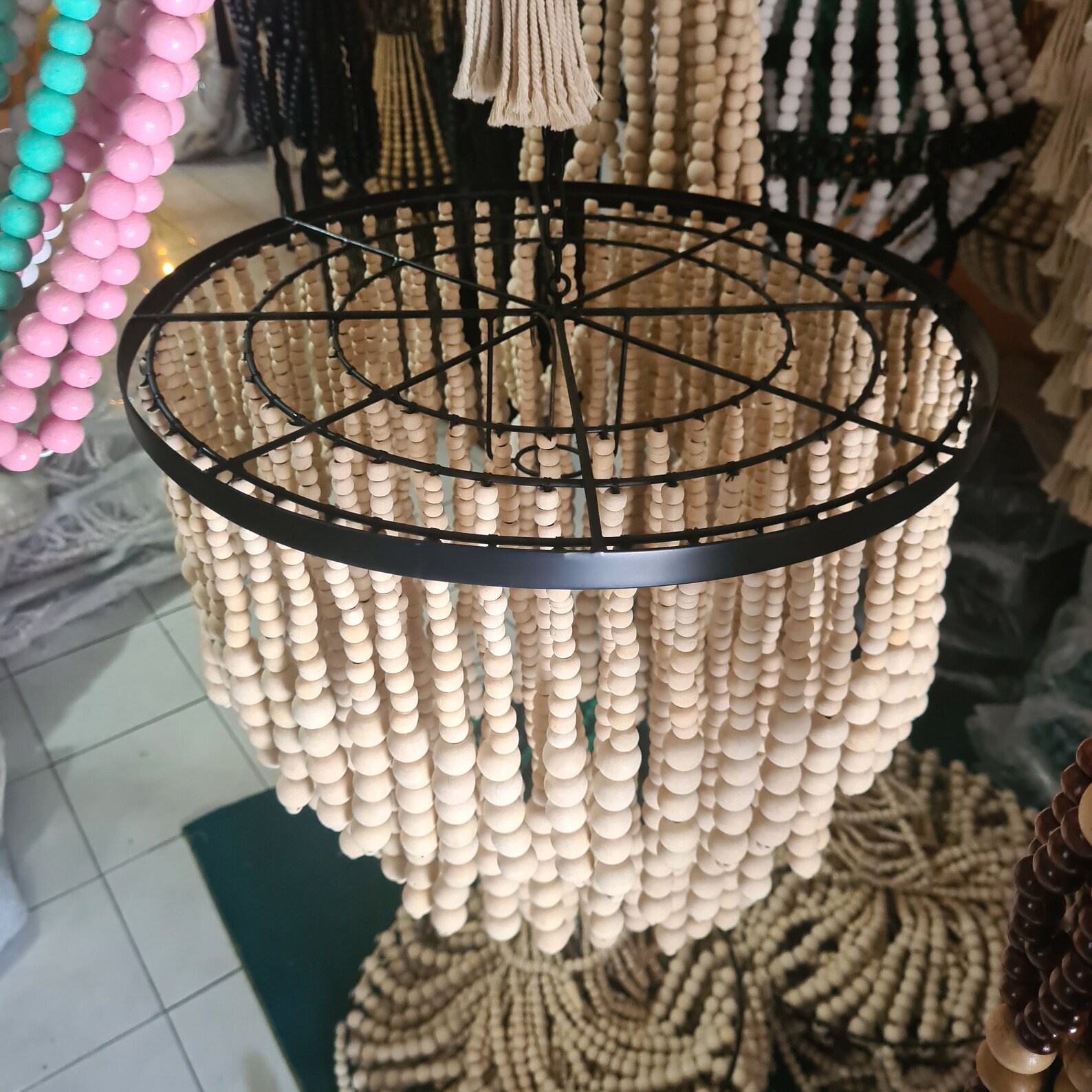 Beaded Lamp Shade 50x45cm Chandelier Wood Pendant Light Boho Lamp ...