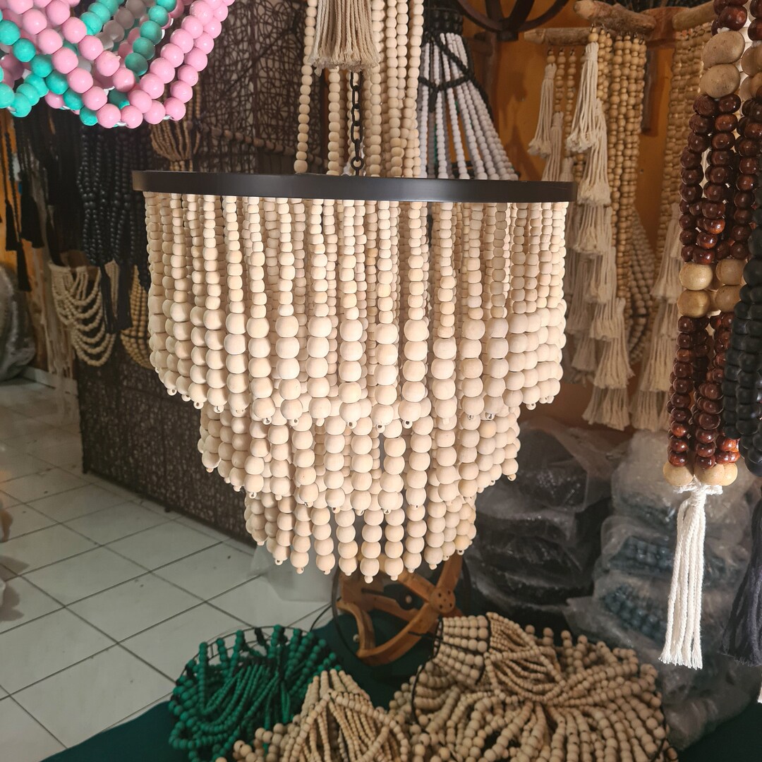 Beaded Lamp Shade 50x45cm Chandelier Wood Pendant Light Boho Lamp ...