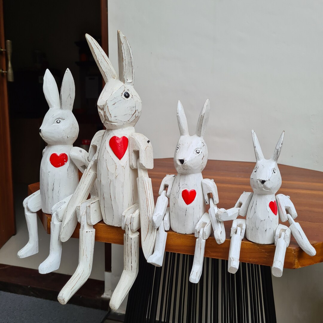 Wooden Rabbit Family Table Statues Shelf Figurines Interior Toys ...