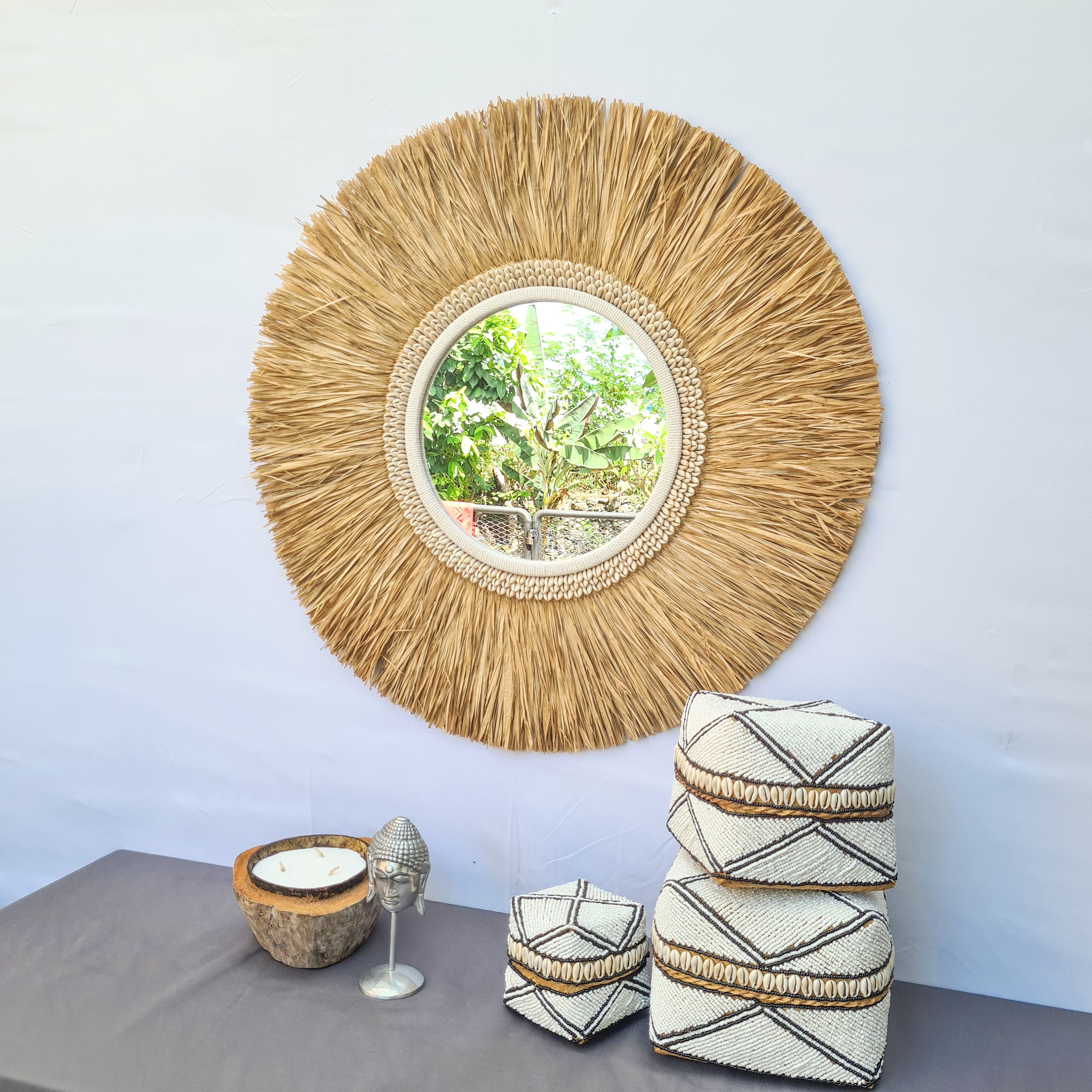 Tropical Mirror 70cm Boho Decoration Made From Palm and Shells Bohemian ...