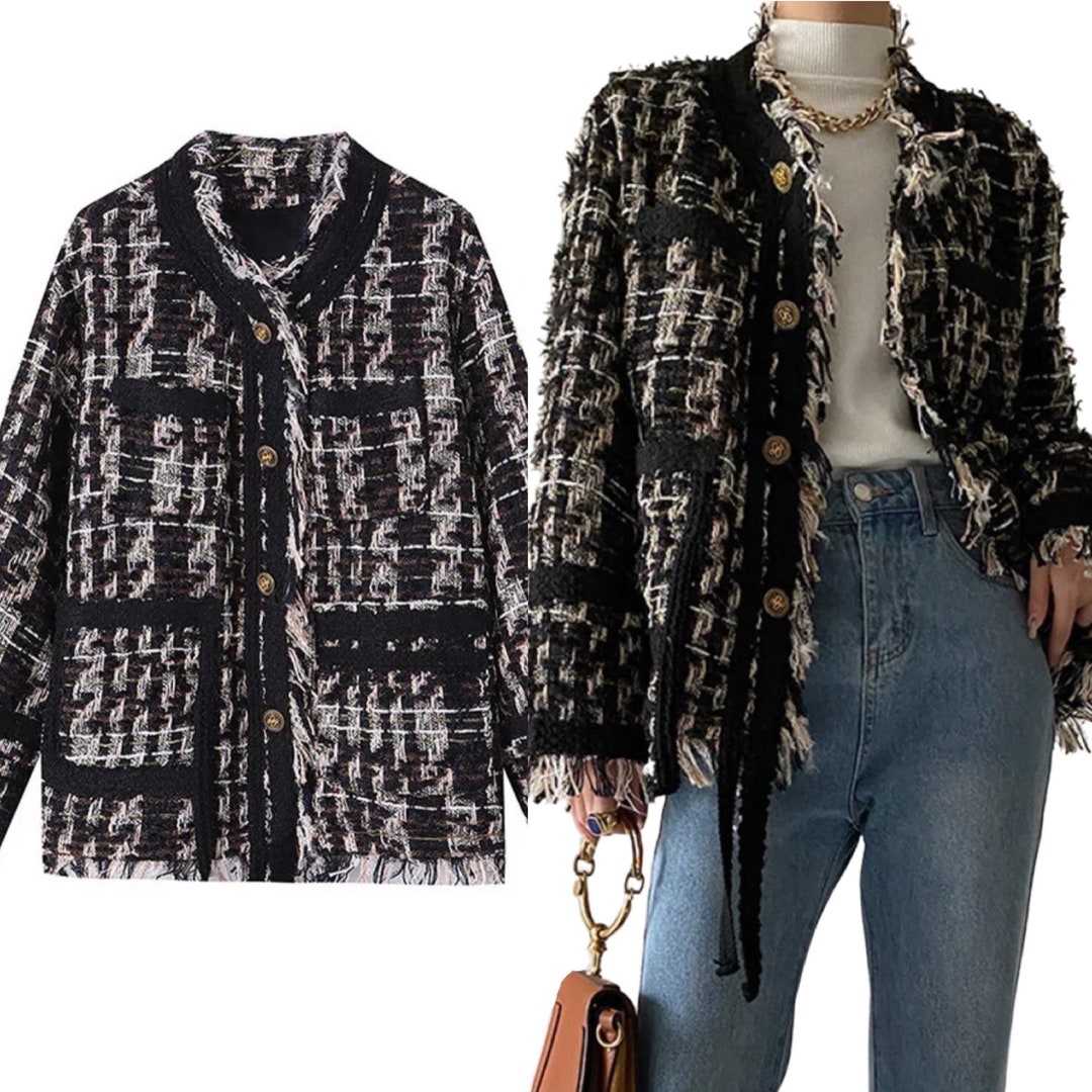 Petite Elegant Black Plaid Tweed Gold Buttoned Trophy Jacket - Etsy