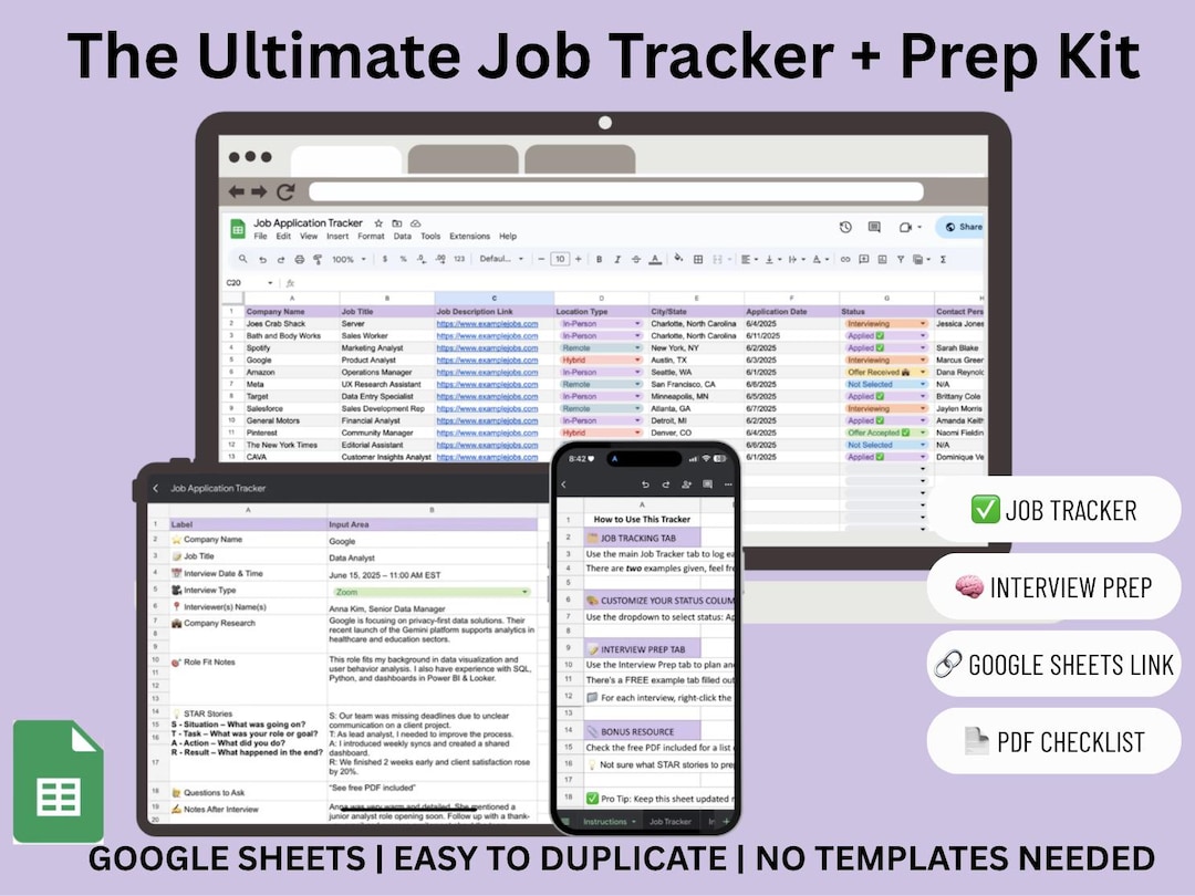 Ultimate Job Tracker | Google Sheets Template + Interview Prep Tab + PDF Checklist | Job ...