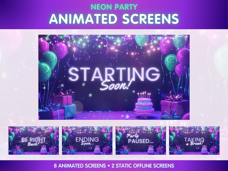 8 Animated Stream Screens for Twitch - Neon Birthday Party - Starting ...